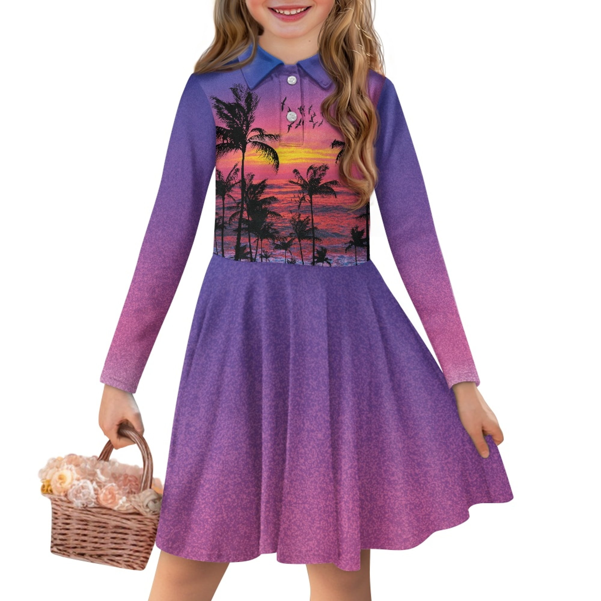 DISNIMO Palm Tree Dress for Girls Long Sleeve Sunset Dress Kids Purple ...