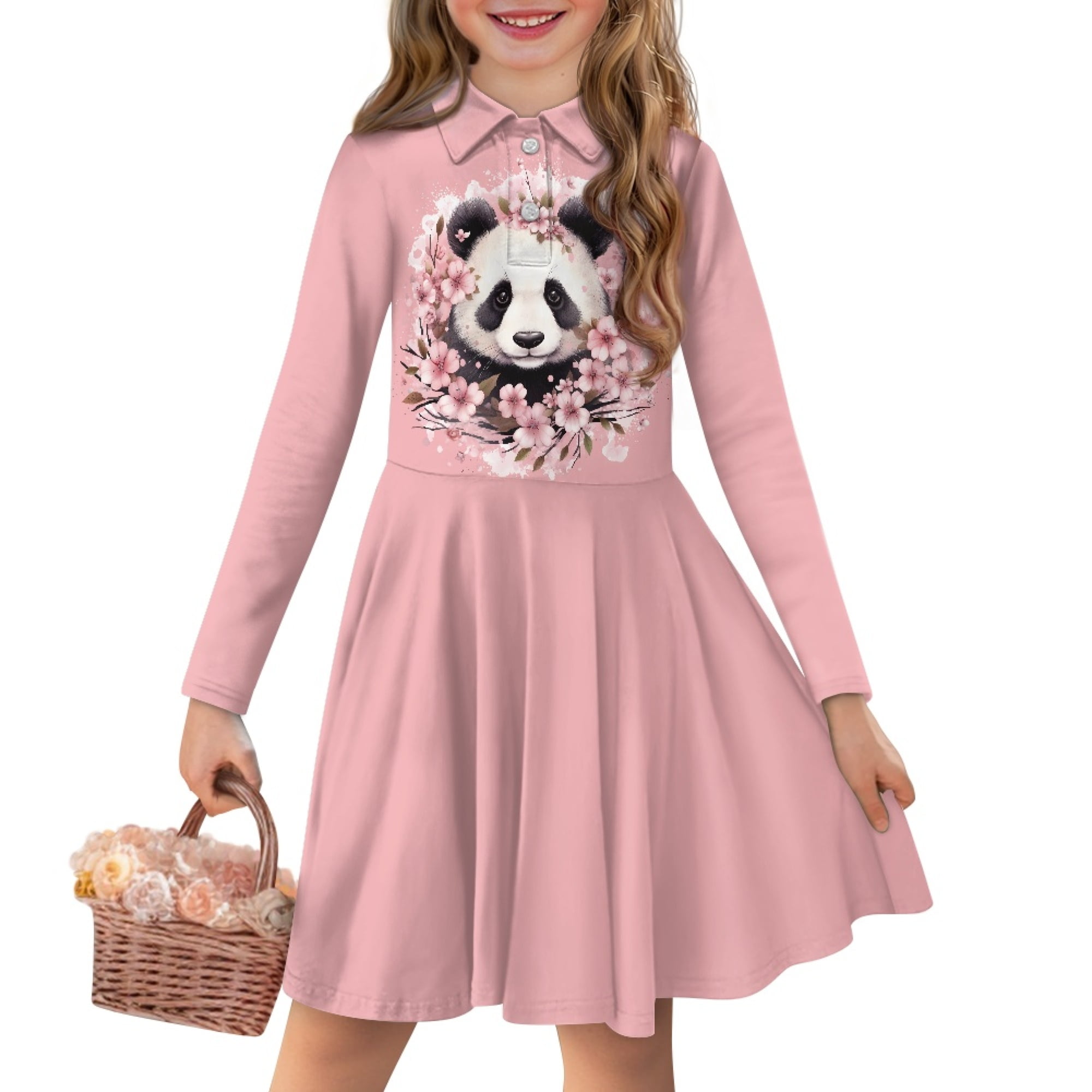 DISNIMO Panda Dress Girls Cherry Blossom Dress Kids Long Sleeve Skater Dress Girls 5-6 Year Old ...