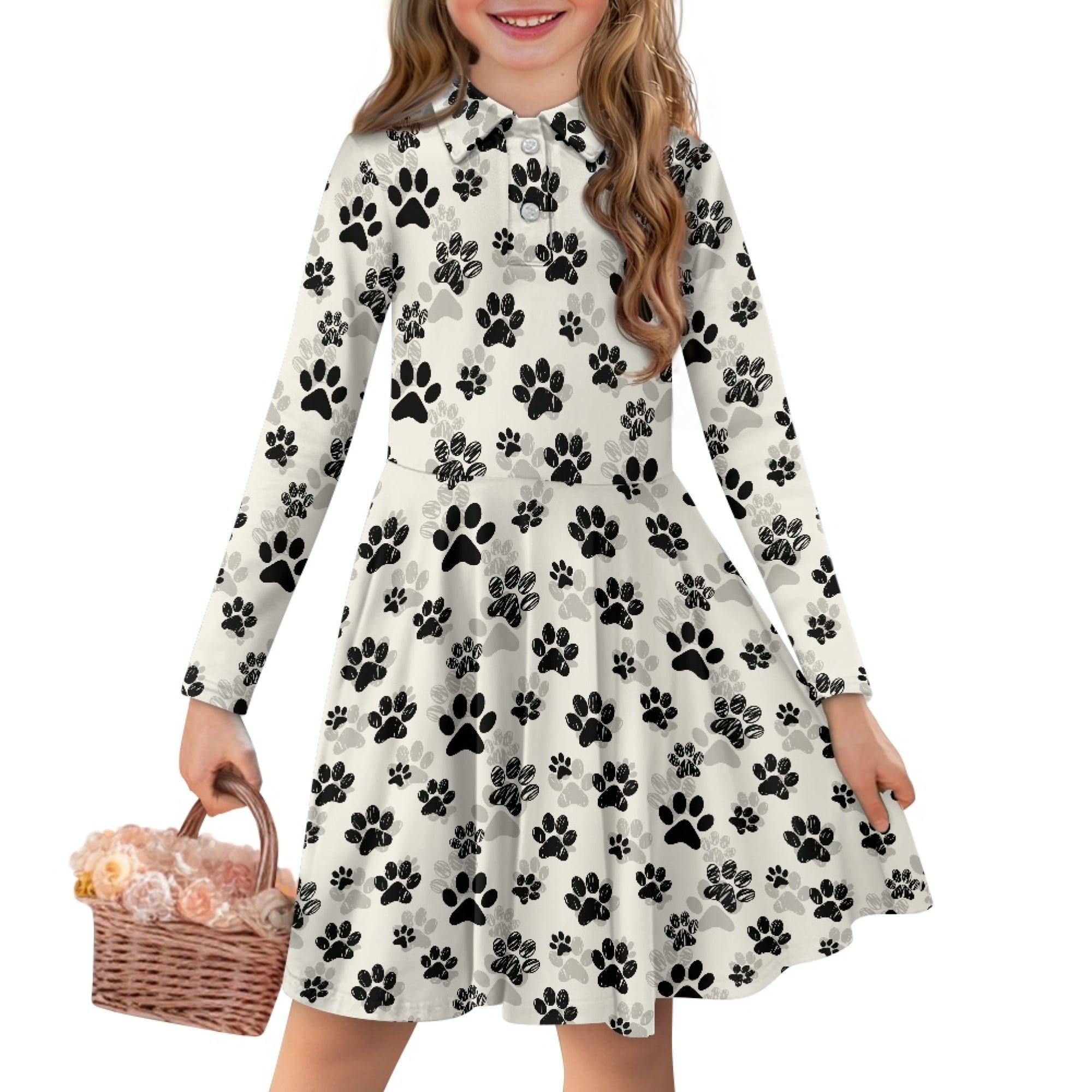 DISNIMO Paw Print Dress Girls Dresses Kids Dresses 13-14 Long Sleeve Swing Dress Girls Green ...