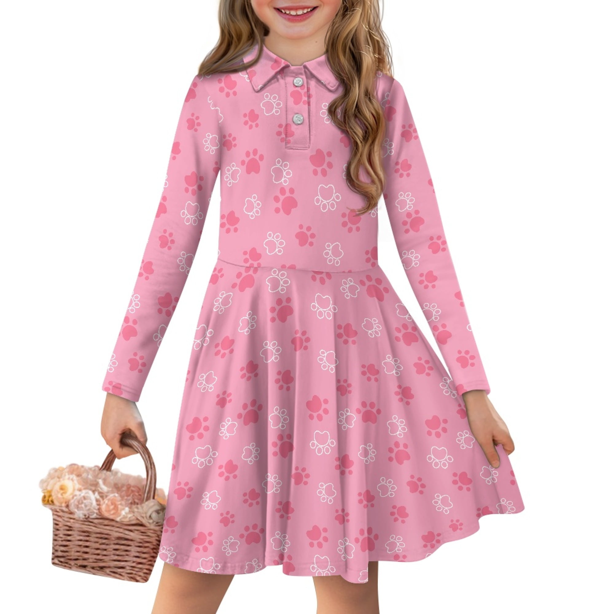 DISNIMO Paw Print Dress for Girls Long Sleeve Swing Dress Girls Midi Dresses Size 13-14 Collared ...