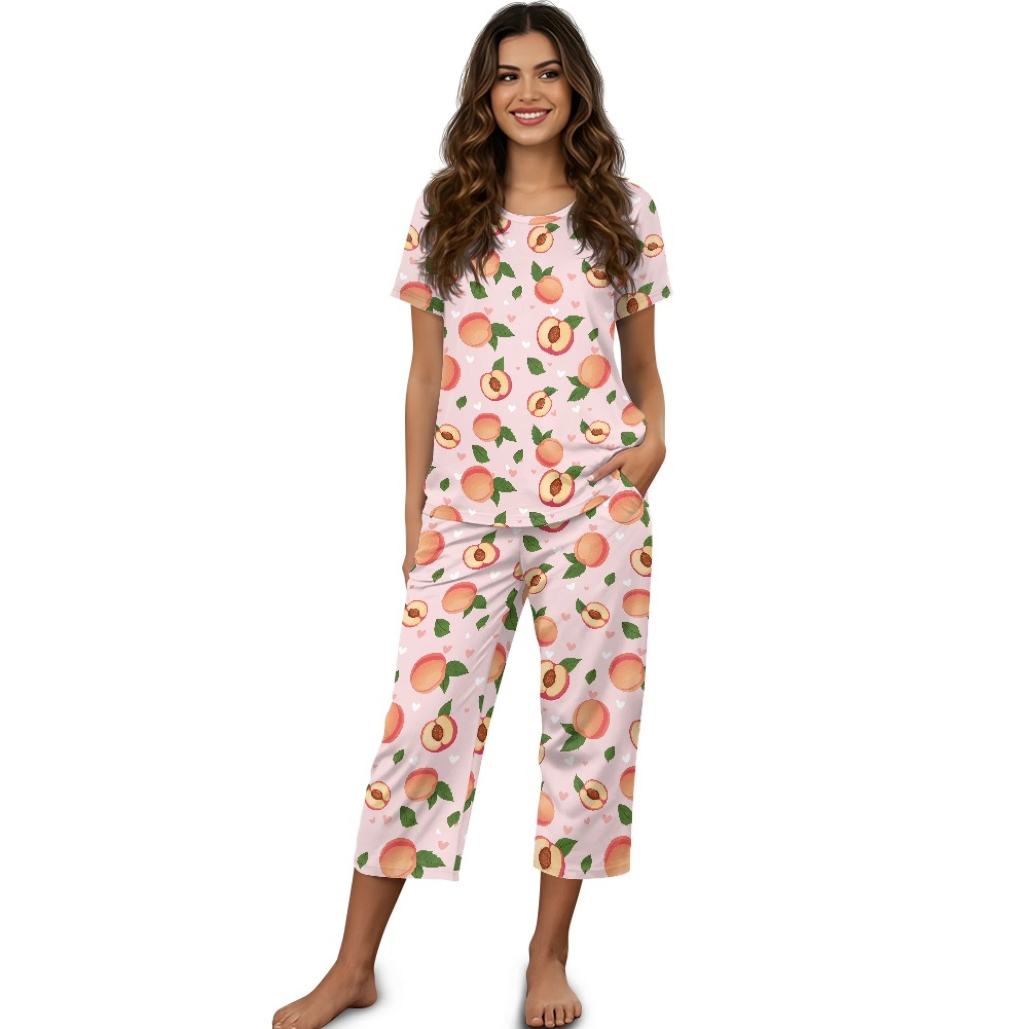 DISNIMO Peach Printed Women's Pajama Sets Soft Loungewear Summer Ladies ...