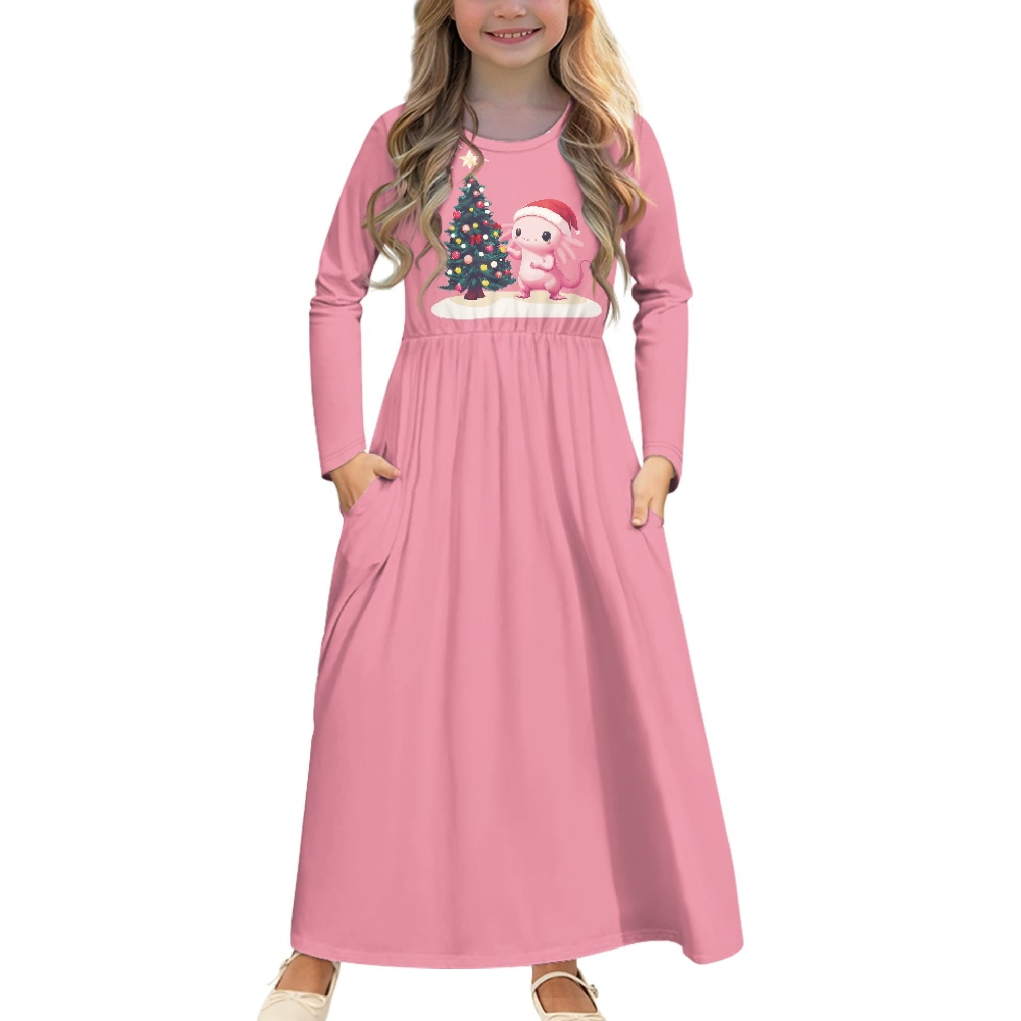 DISNIMO Pink Christmas Axolotl Dress with Long Sleeves and Pockets for Kids Long Sleeve Dresses ...