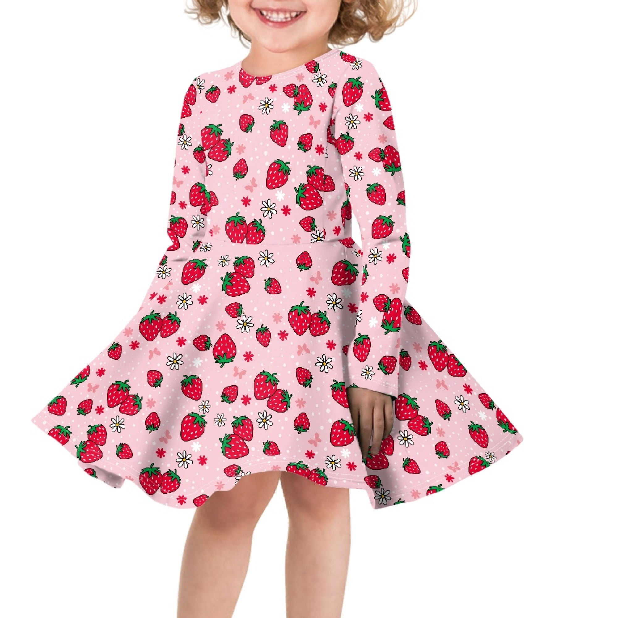 DISNIMO Pink Strawberry Dress Girls Long Sleeve Daisy Dress Girls Size 15-16 Dresses Girl ...