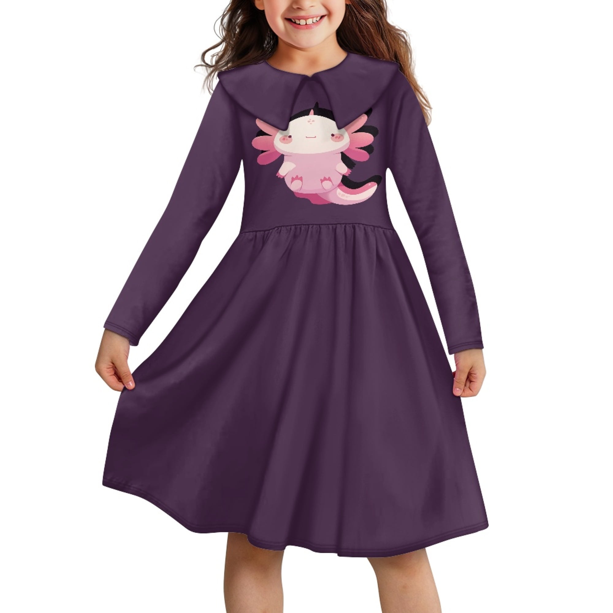 DISNIMO Purple Axolotl Dress Girls Long Sleeve Sundress for Girls Midi Dress Fall Kids Dress ...
