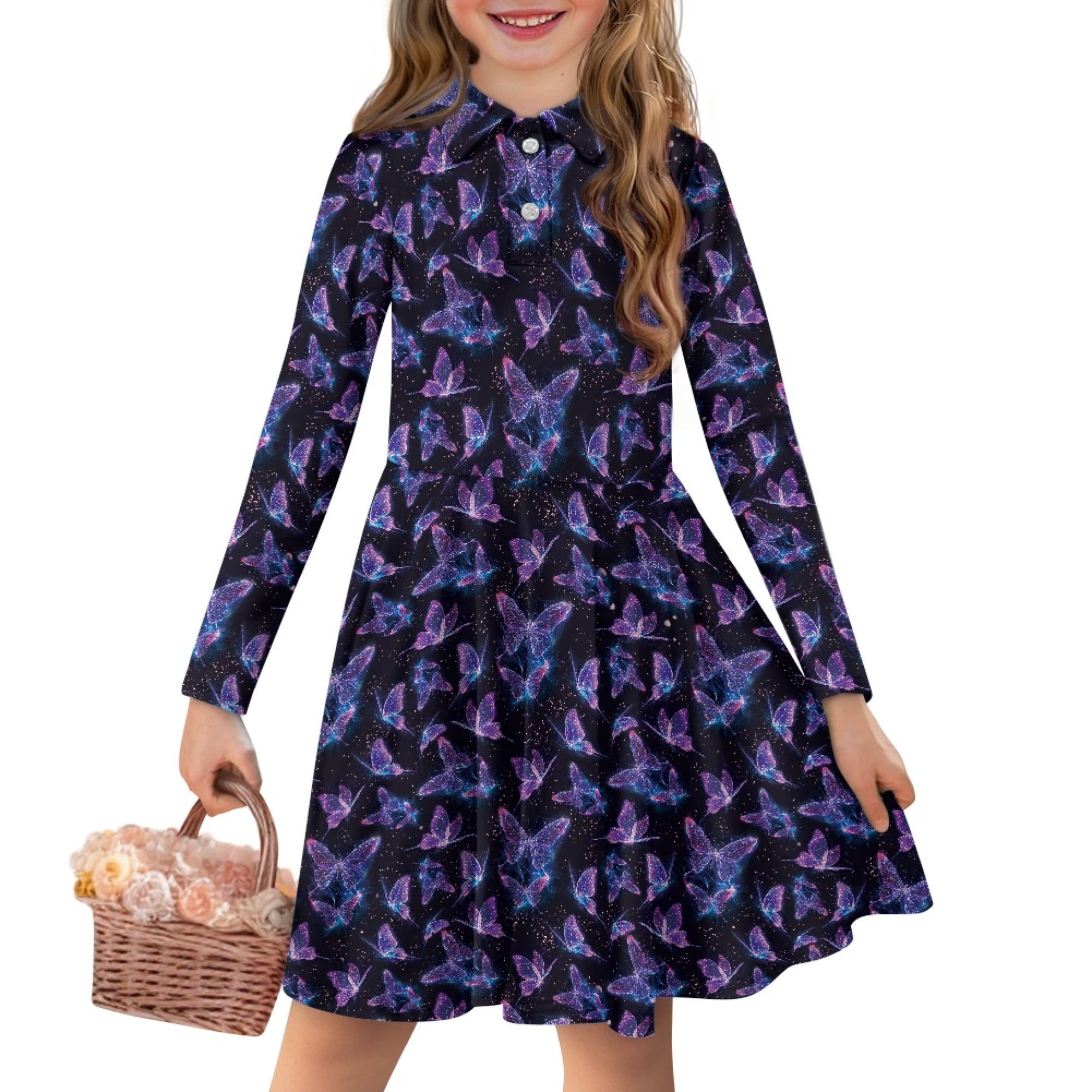 DISNIMO Purple Butterfly Dress for Girls 3-4 Years Girl Dress Long Sleeve Dresses Girl Collared ...