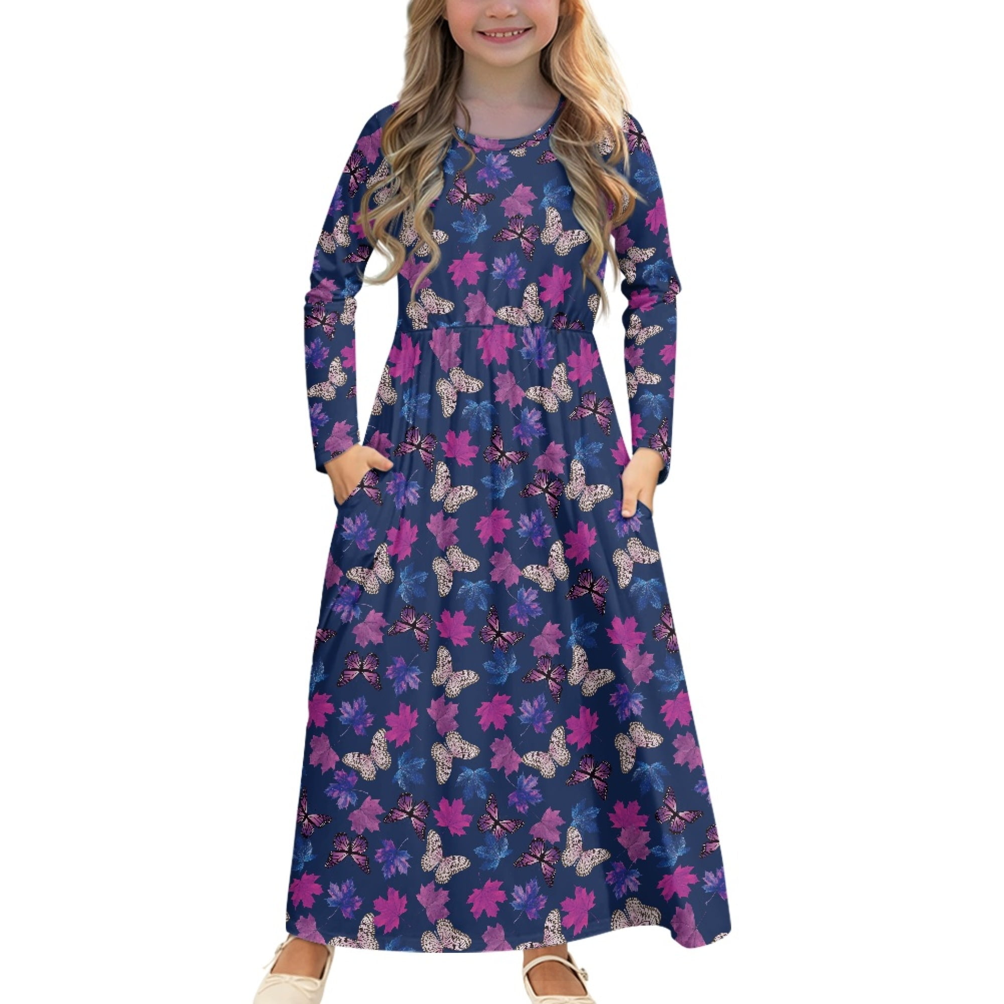 DISNIMO Purple Butterfly Girls Long Sleeve Dresses Size 13-14 Long Sleeve Dress for Kids Cute ...