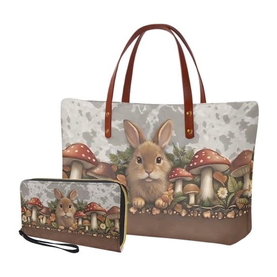 DISNIMO Rabbit Mushroom Print Handbag Set of 2 for Women Large Tote Bag ...
