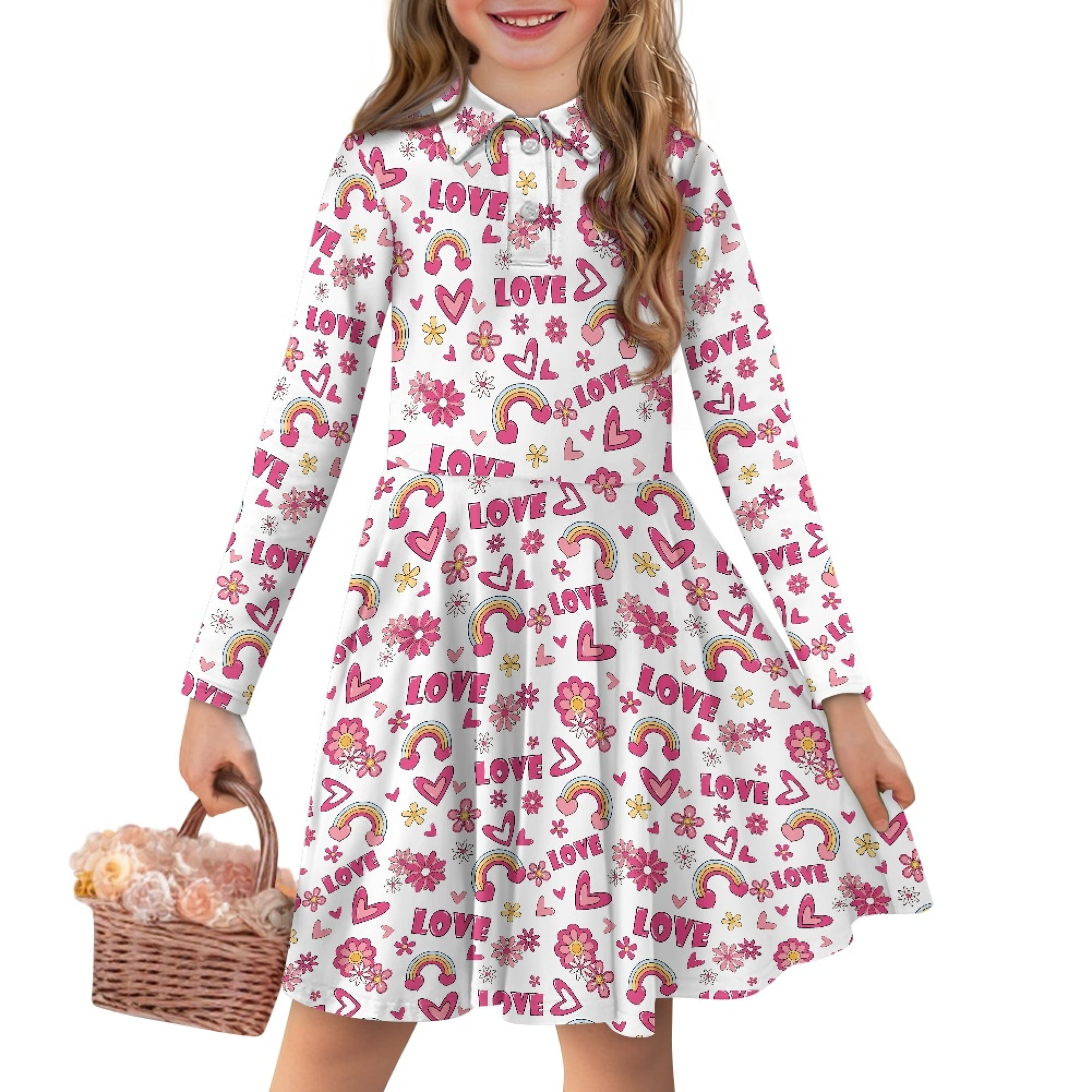 DISNIMO Rainbow Heart Dress for Kids Collared Dresses for Girls 13-14 Long Sleeve Swing Dress ...