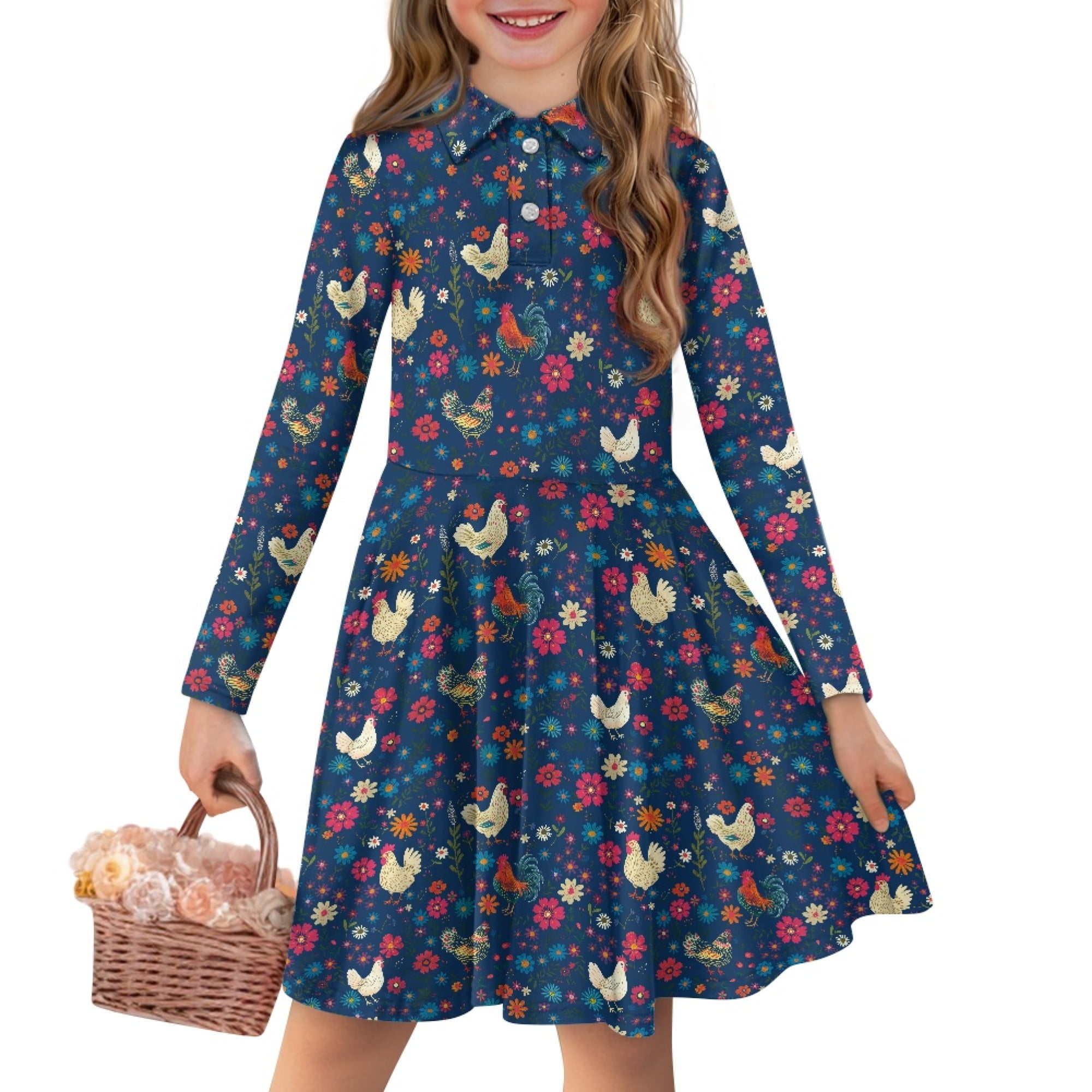 DISNIMO Rooster Dress for Girls Flower Dresses for Kids Long Sleeve Skater Dress Teen Girl Midi ...