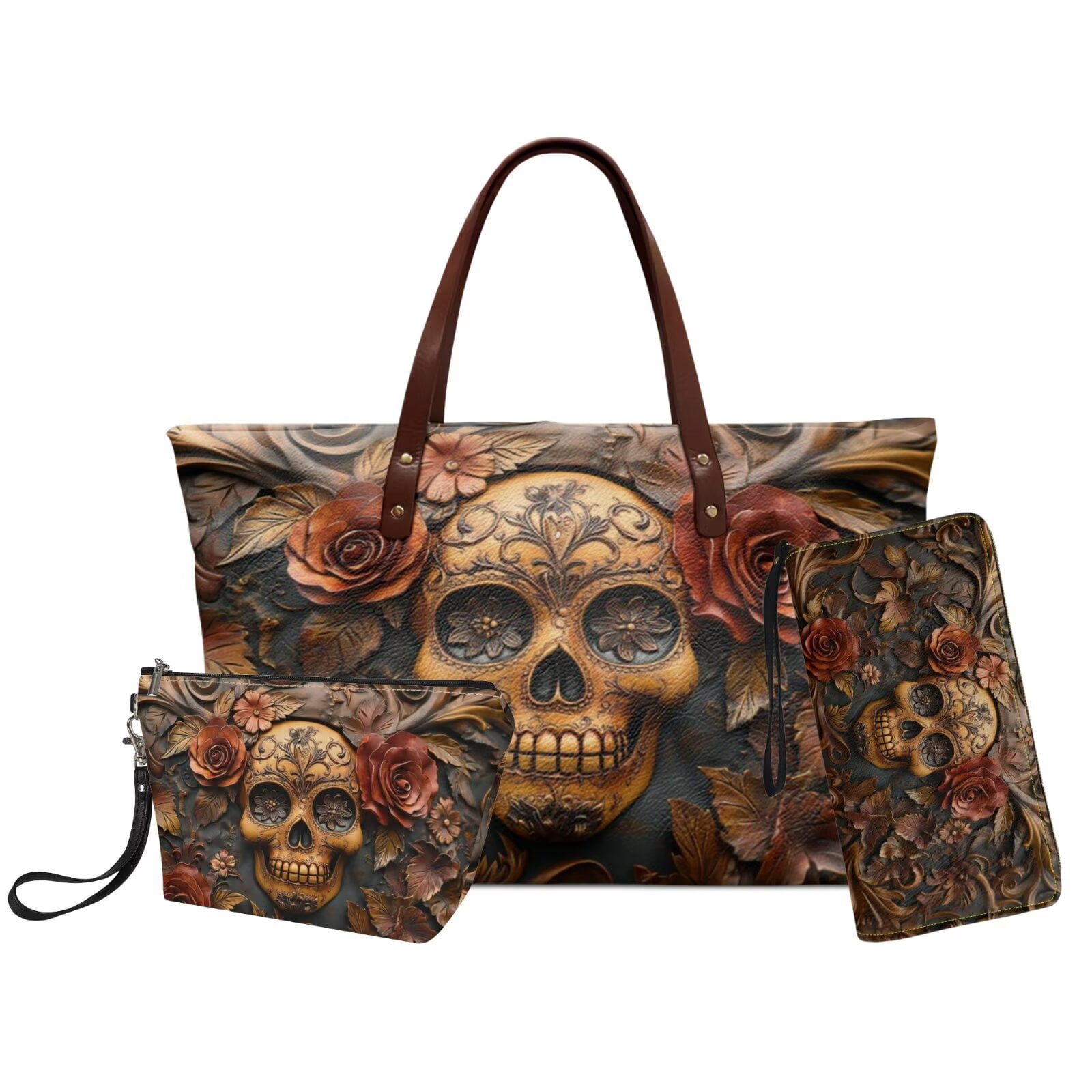 DISNIMO Rose Skull Print Top Handle Purse Set of 3 Womens Fashion Tote ...
