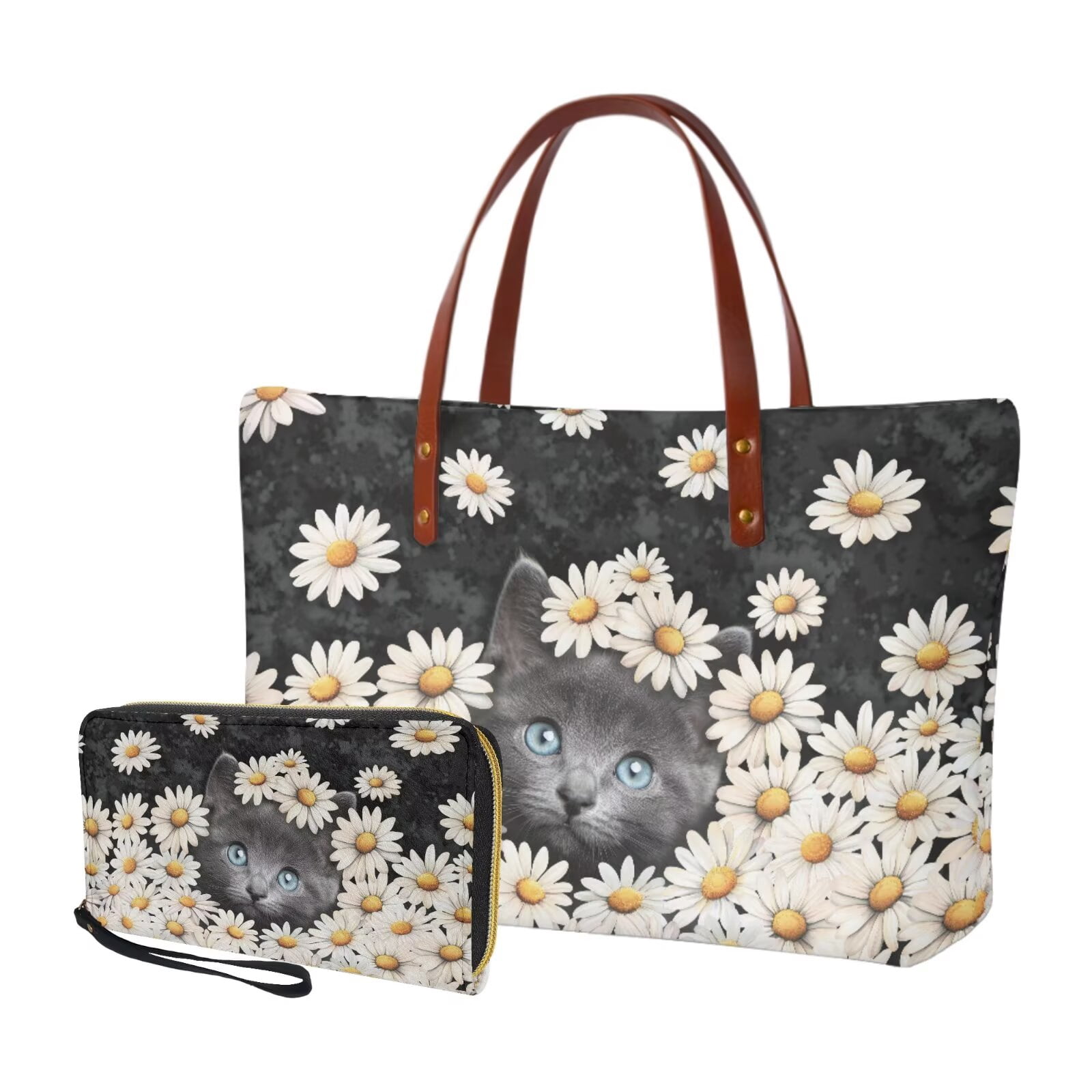 DISNIMO Russian Blue Cat Print Handbag Wallet Set for Women Daisy Print ...