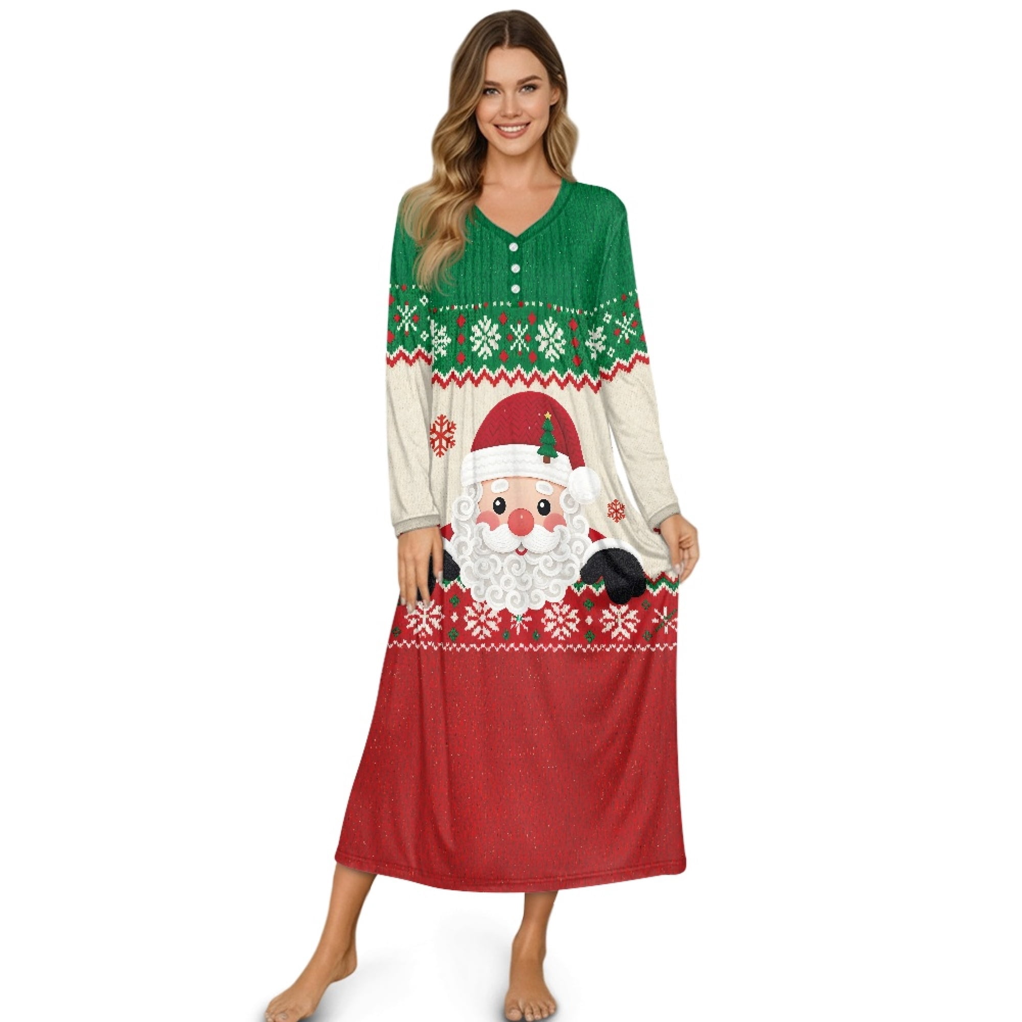DISNIMO Santa Claus Print Women Nightgown Long Sleeve Sleepwear V Neck ...