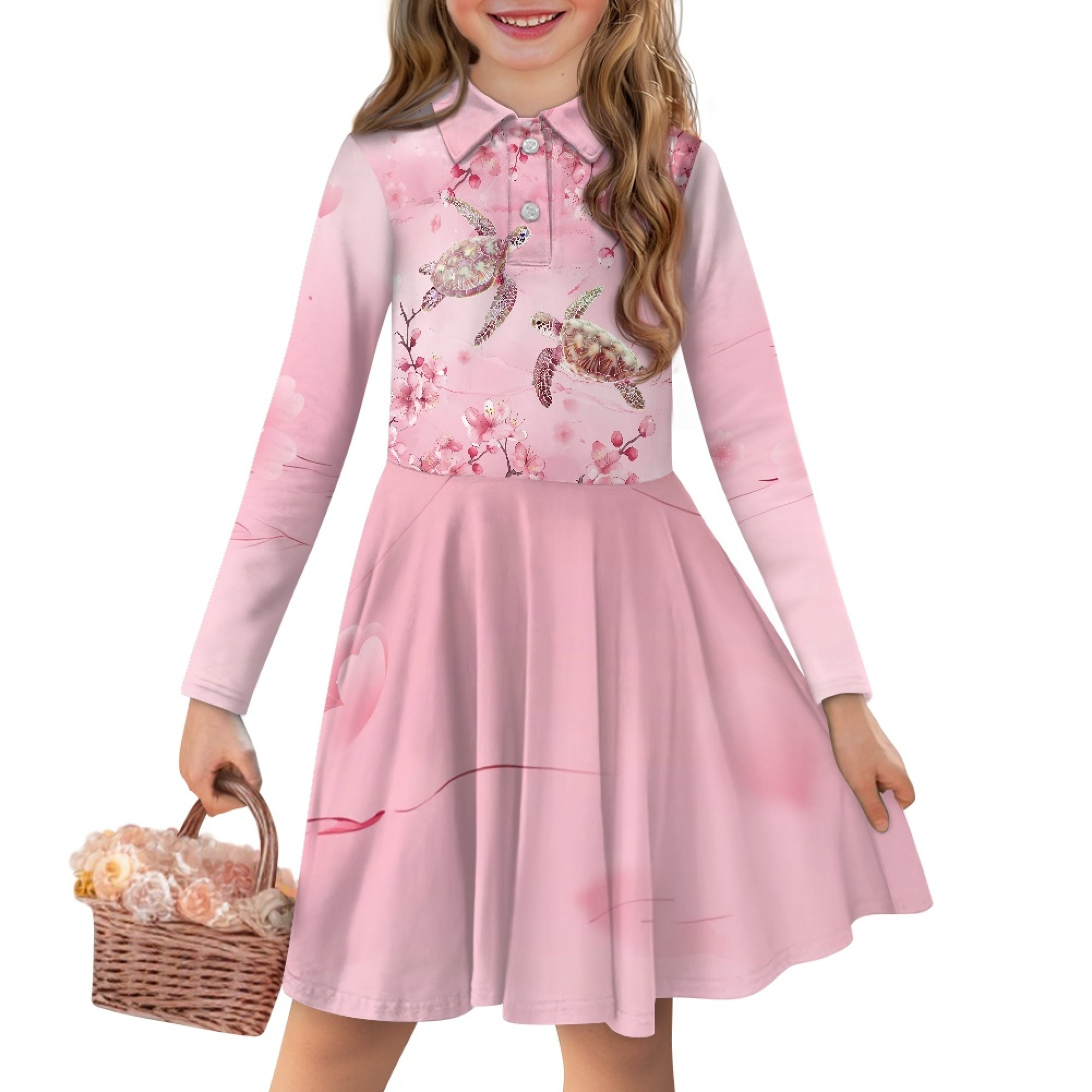 DISNIMO Sea Turtle Dress Girls Cherry Blossom Dress Kids Holiday Casual Dress Long Sleeve Midi ...