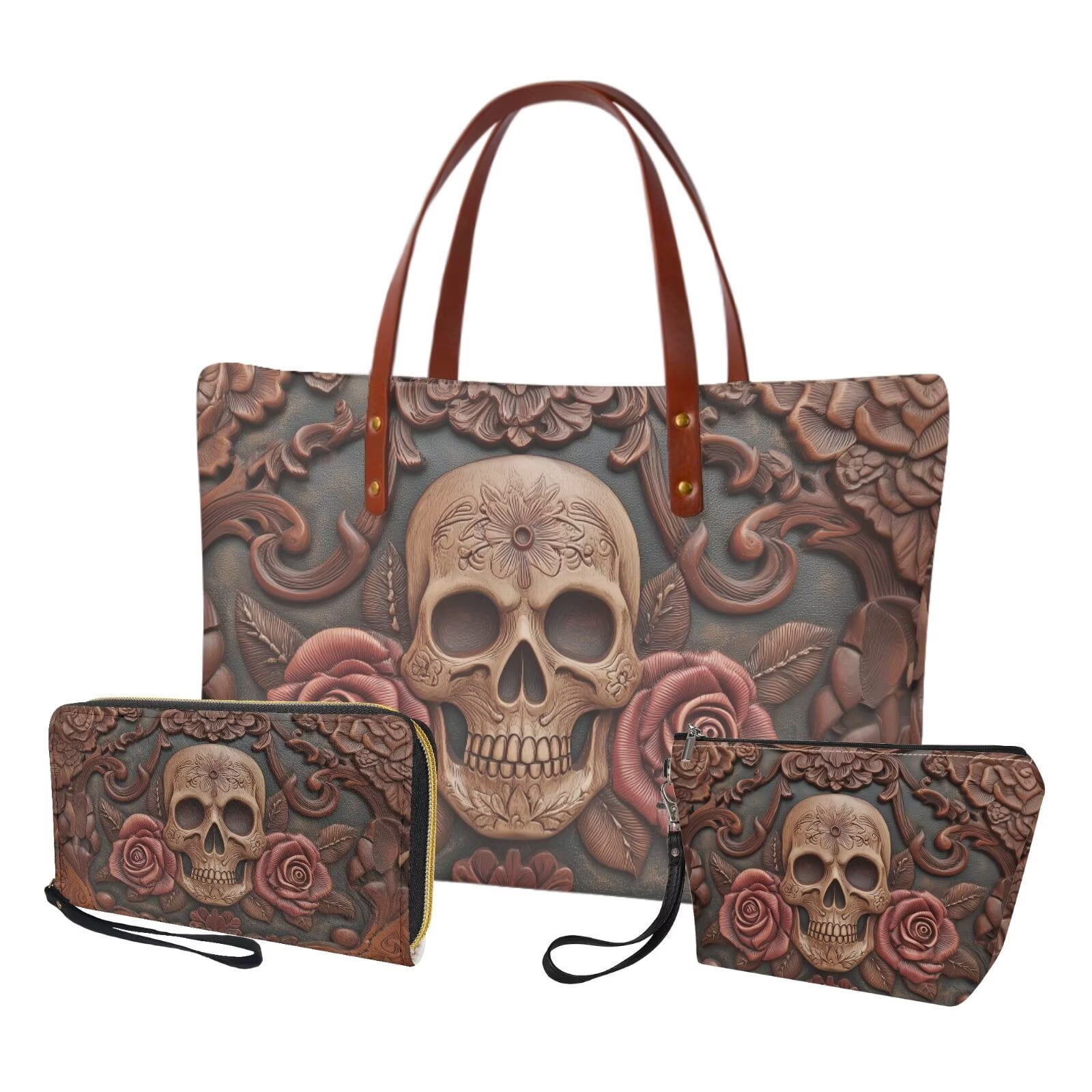 DISNIMO Skull Rose Print Purses for Women 3 Pieces Handbag and Wallet ...