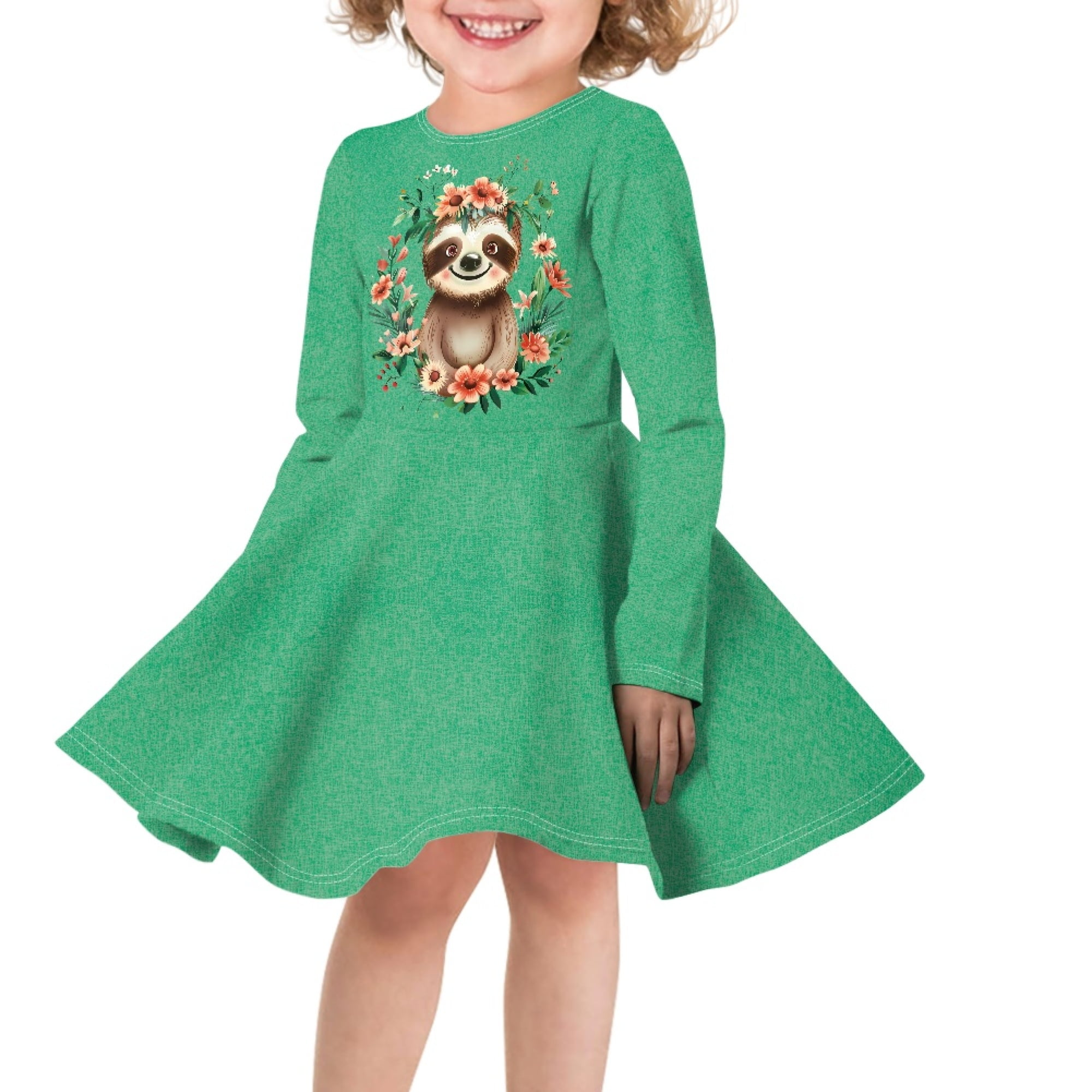 DISNIMO Sloth Dress Girls Floral Dress Long Sleeve Midi Dress Girls Green Dresses for Children ...