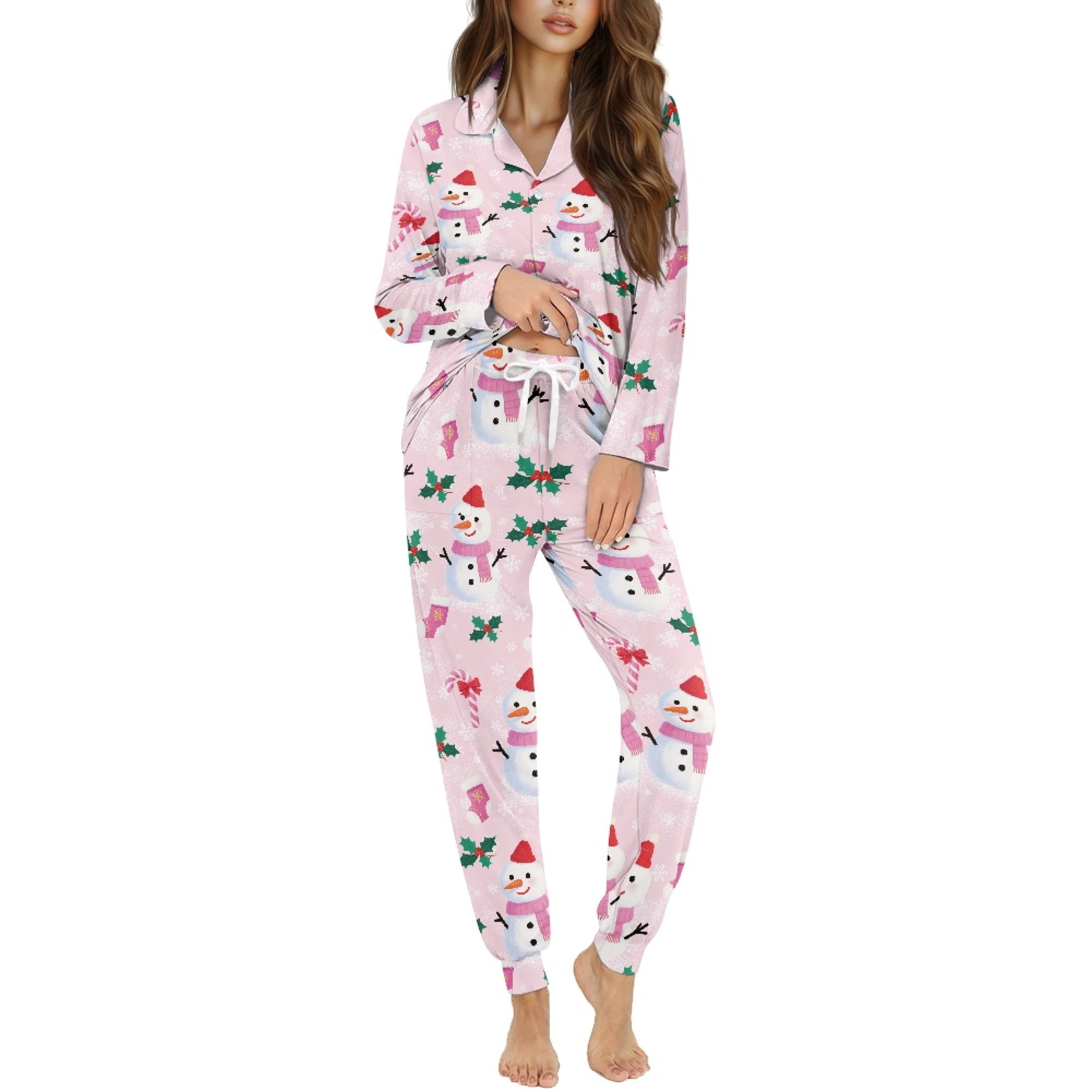 DISNIMO Snowman Snowflake Printed Women's Long Sleeve Pajama Sets 2 ...