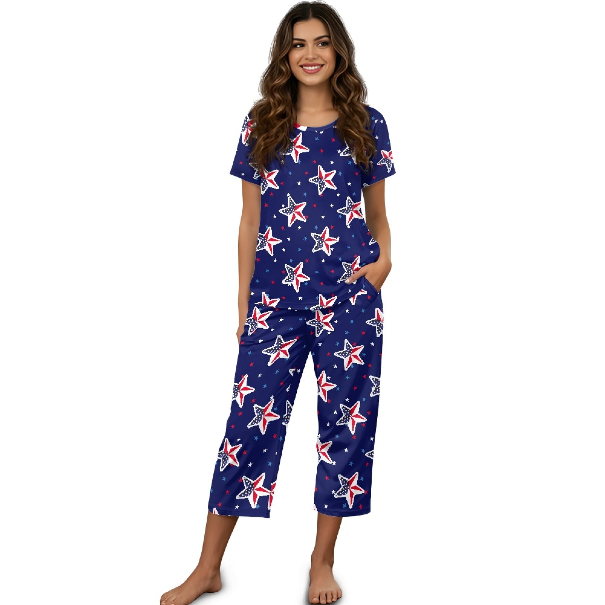 DISNIMO Star Printed Women's Short Sleeve Pajama Sets, American Flag ...