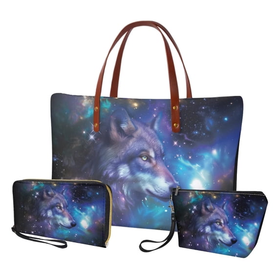 DISNIMO Starry Wolf Print Handbag and Wallet Set with Cosmetic Bag ...