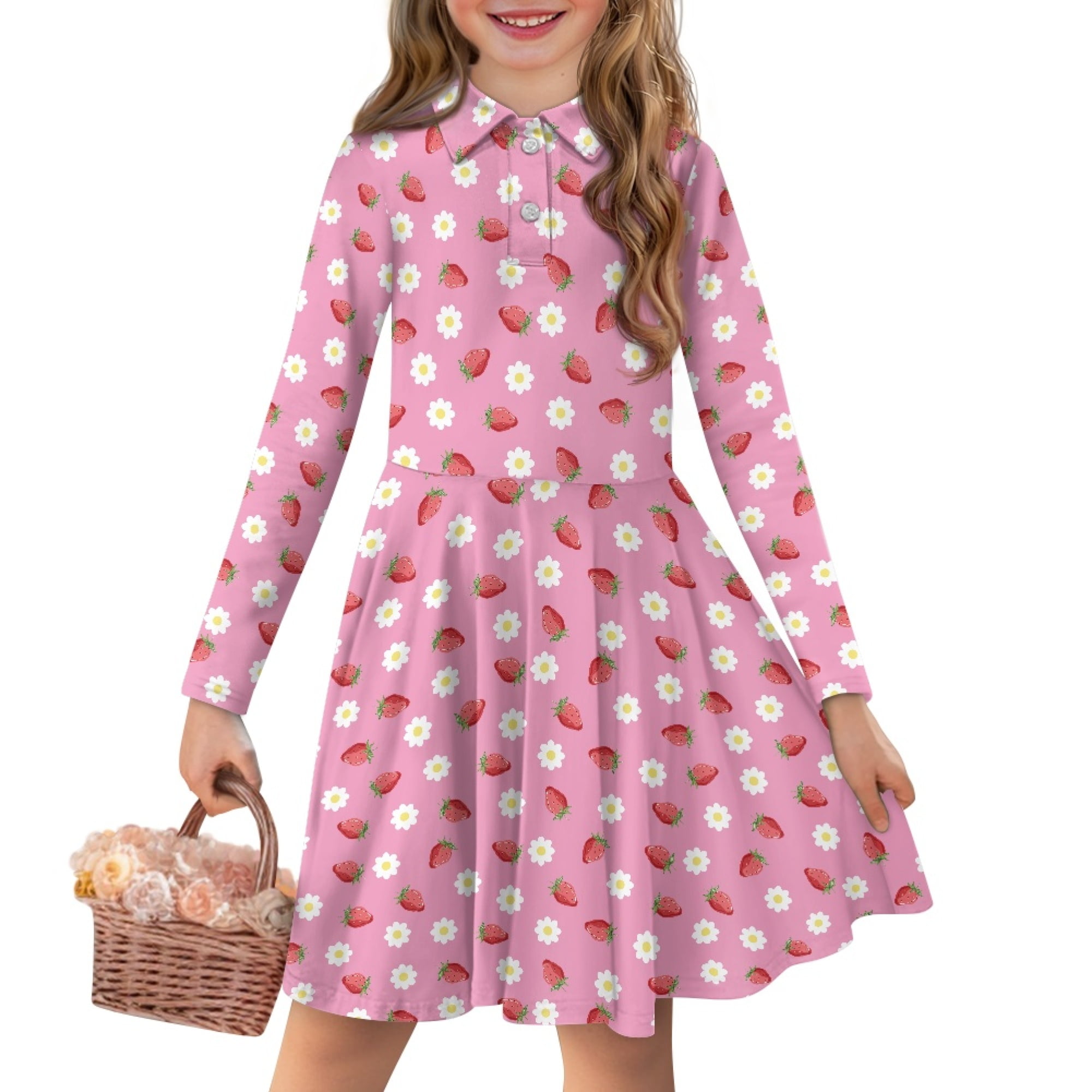 DISNIMO Strawberry Dress Girls Long Sleeve Daisy Dress Girls Pink Midi Dress Kid Girl Modest ...