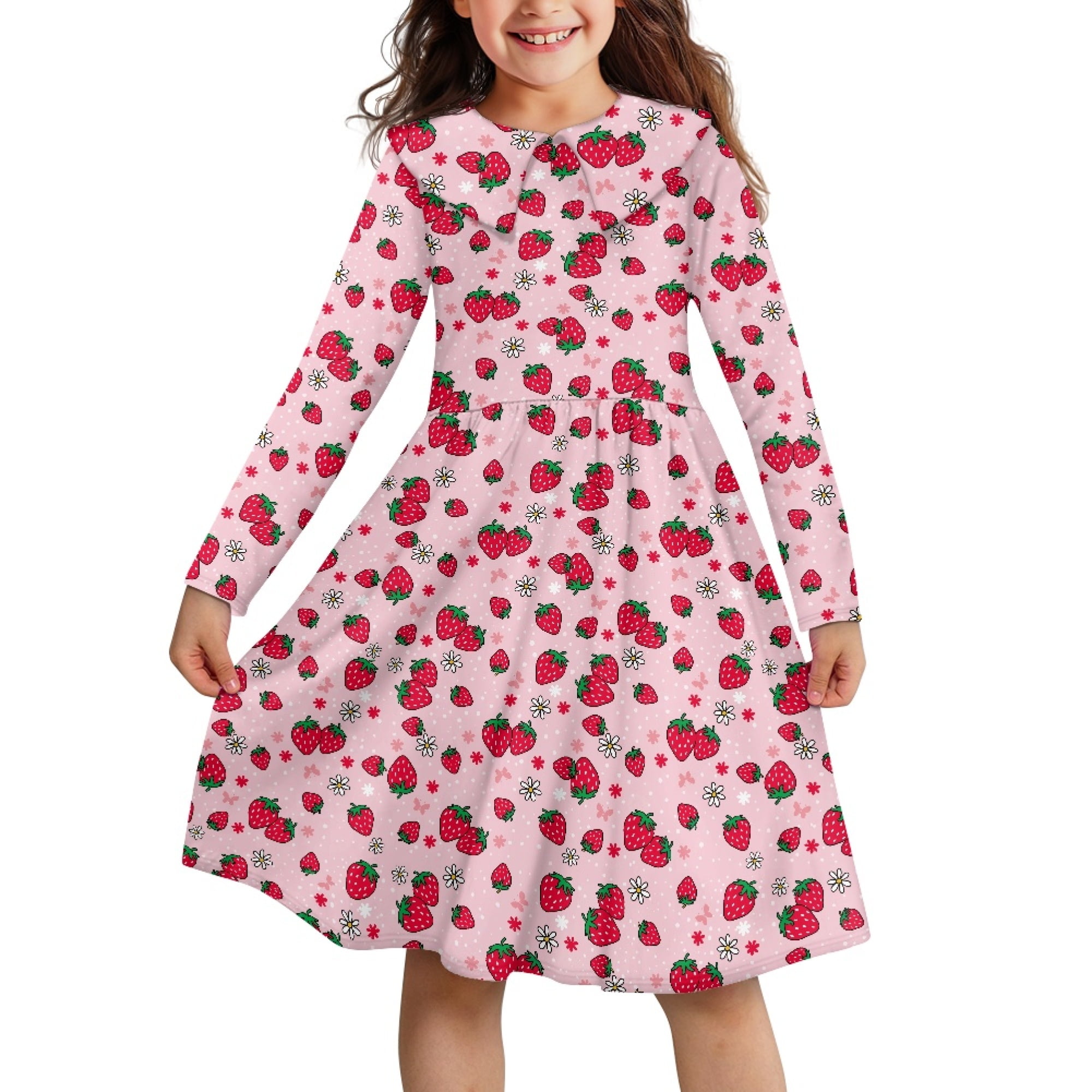 DISNIMO Strawberry Dress Long Sleeve Girls Dresses Size 7-8 Girls Dress Collar Dresses for Kids ...