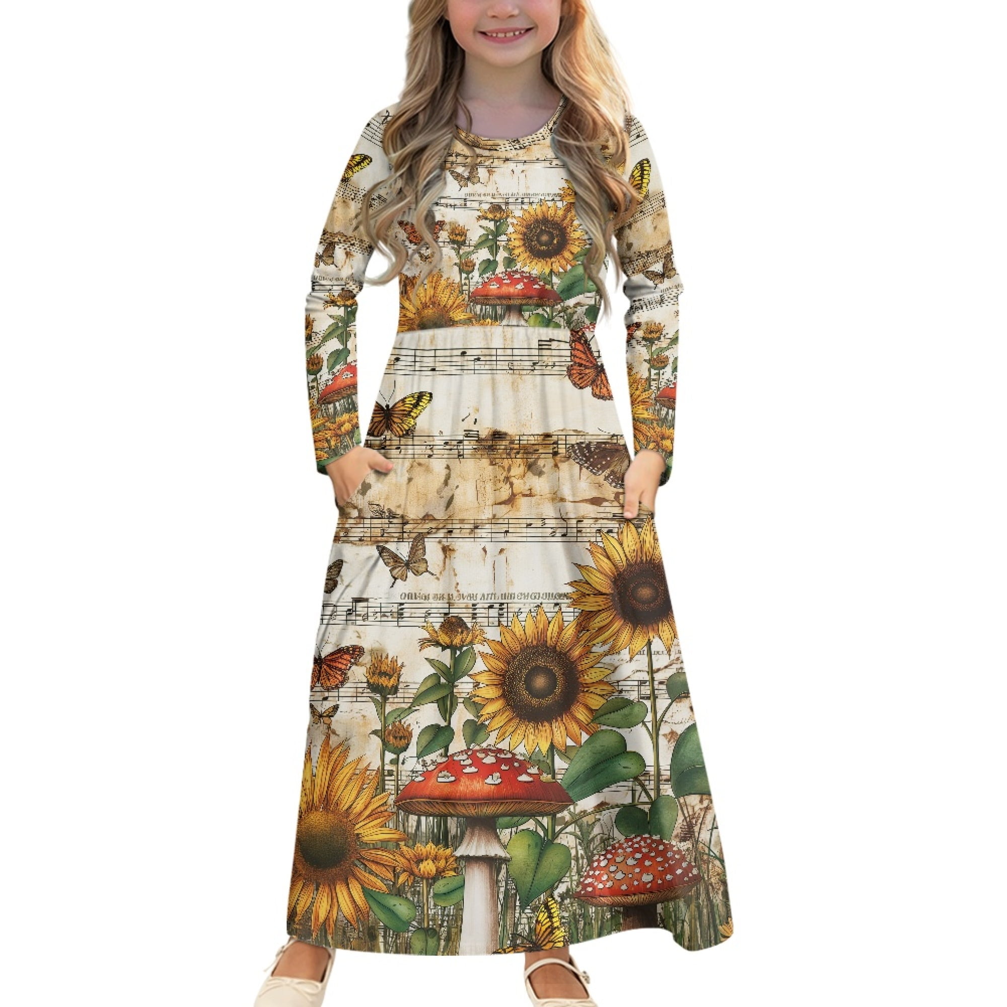 DISNIMO Sunflower Butterfly Girls Long Sleeve Dresses Size 5-6 Long ...