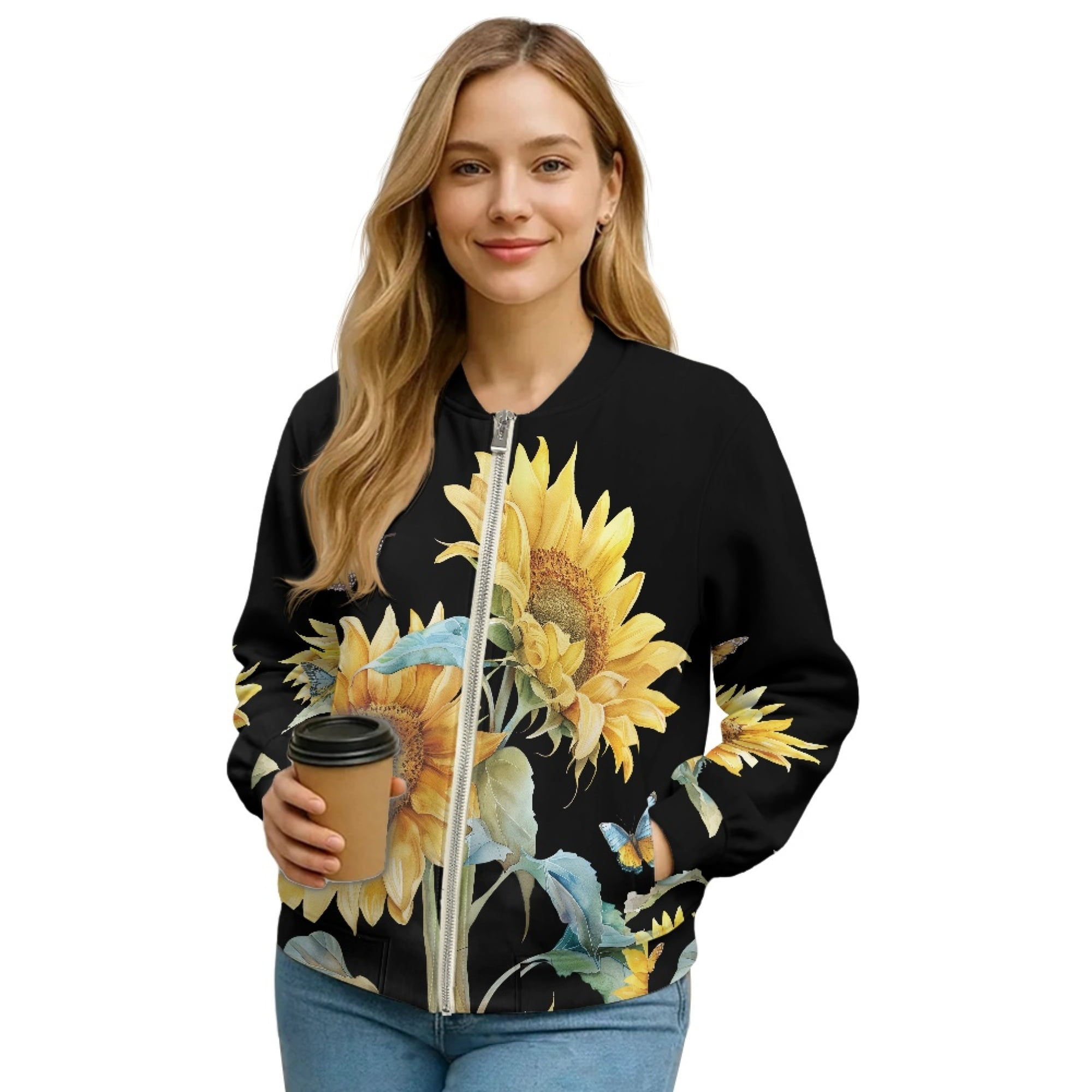 DISNIMO Sunflower Butterfly Printed Jackets for Women Fall Winter ...