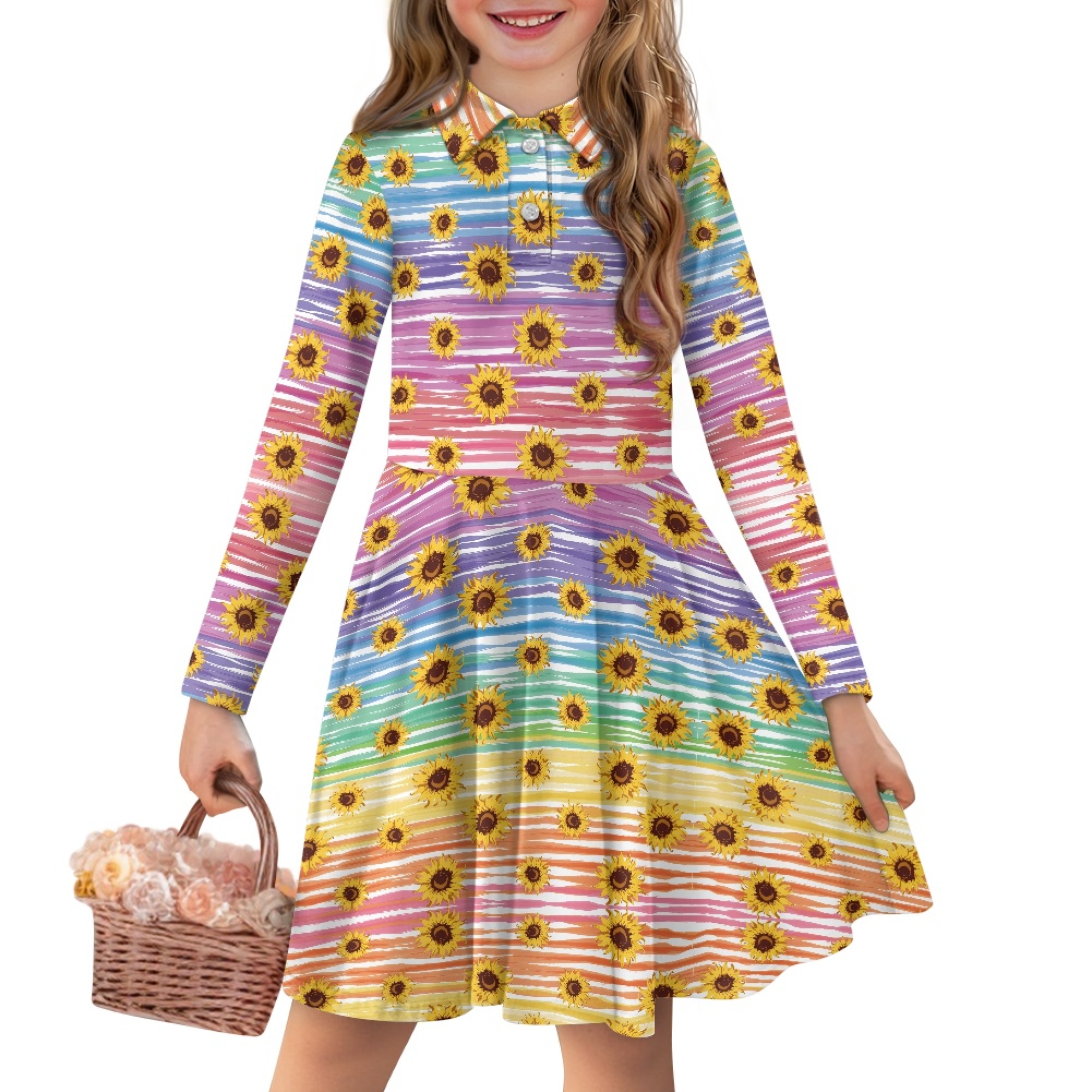DISNIMO Sunflower Dress for Girls 13-14 Years Girl Dress Long Sleeve Kids Collar Dress Youth ...