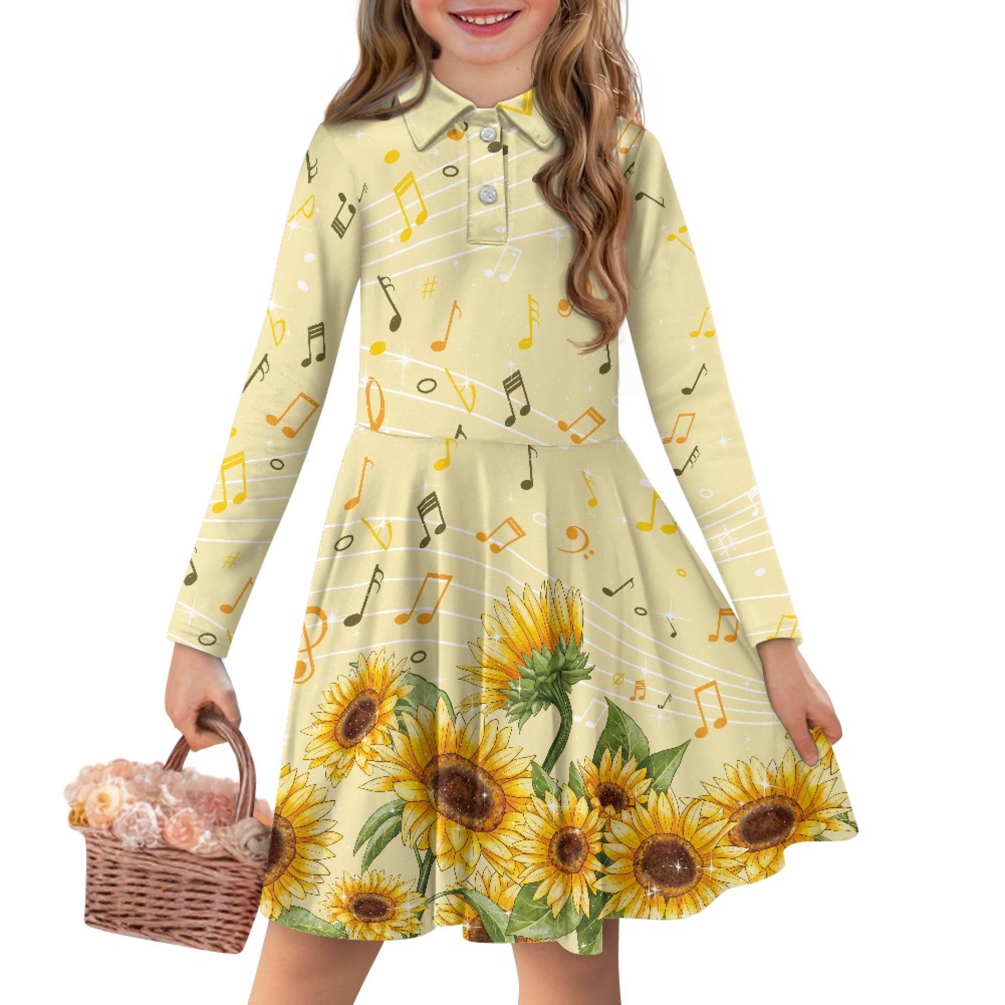 DISNIMO Sunflower Dress for Girls Music Note Dresses Kid Dress Long Sleeve Girls Casual Long ...