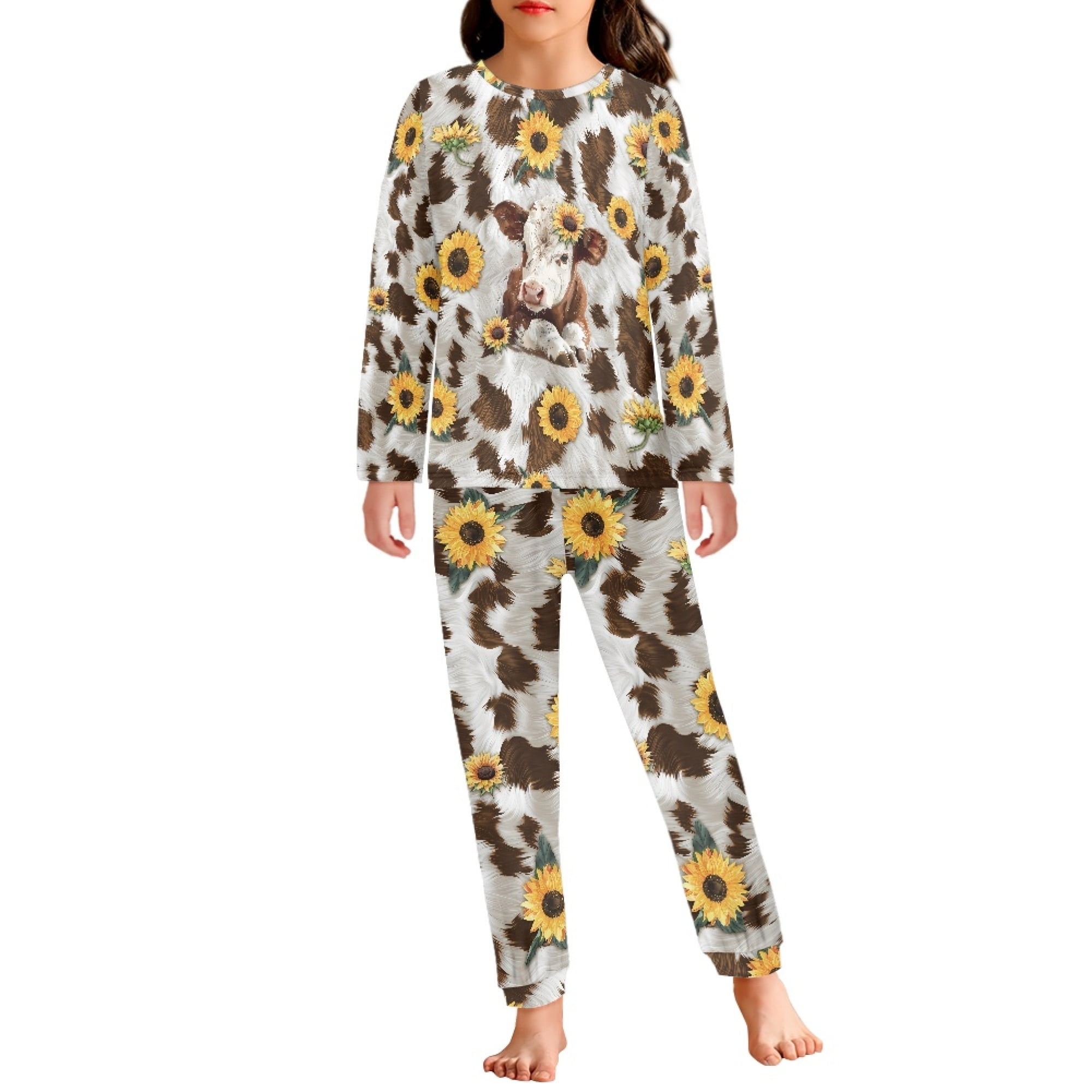 DISNIMO Sunflowers Cow Print Pajama Set for Kids Girls Pajamas Size 15 ...