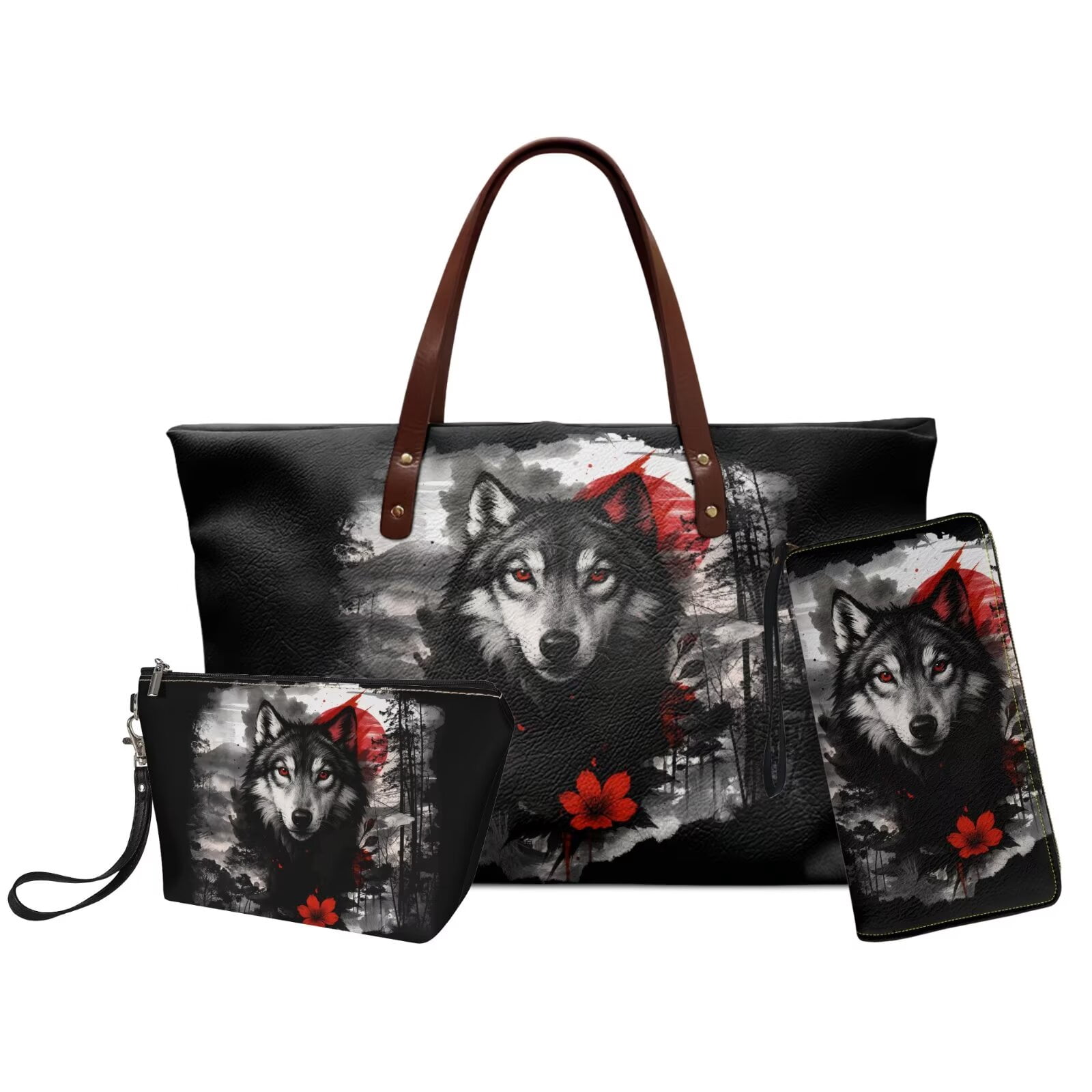 DISNIMO Wolf Flower Print Tote Bag and Wallet Set Large Tote Handbag ...