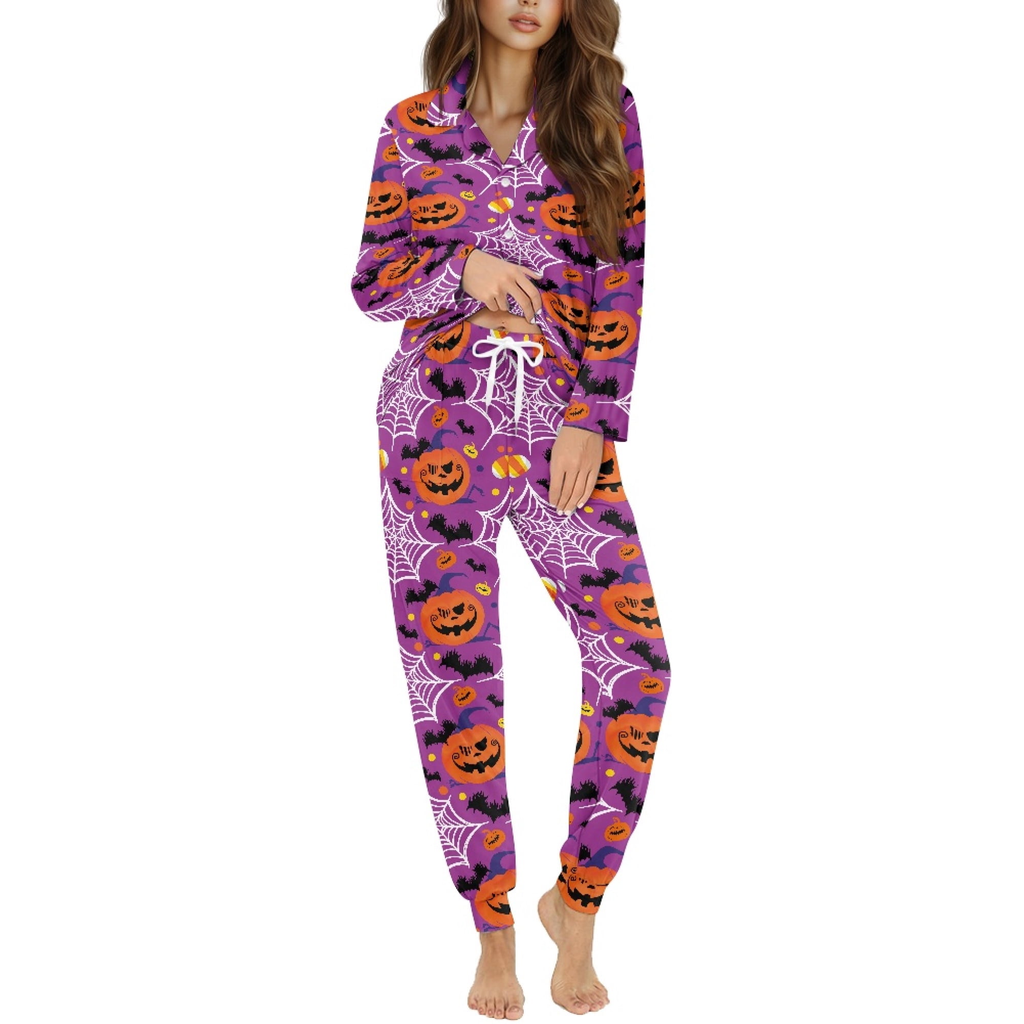 DISNIMO Women 2 Piece Pajamas Set Bat Pumpkin Print Long Sleeve Lounge ...