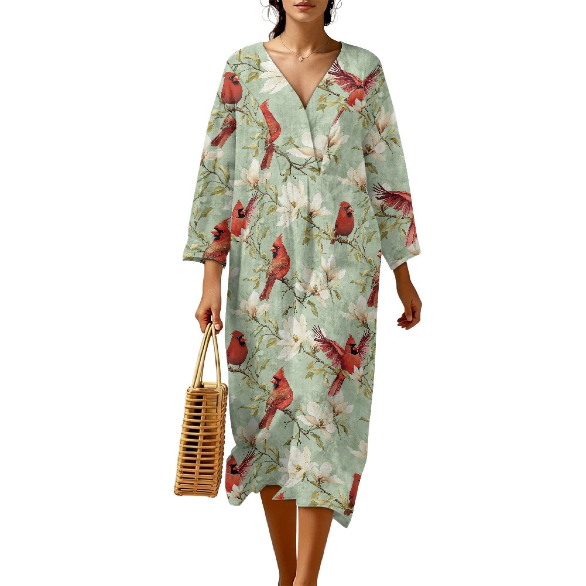 DISNIMO Women Casual Dress Cardinal Flower Print Imitation Linen Long ...