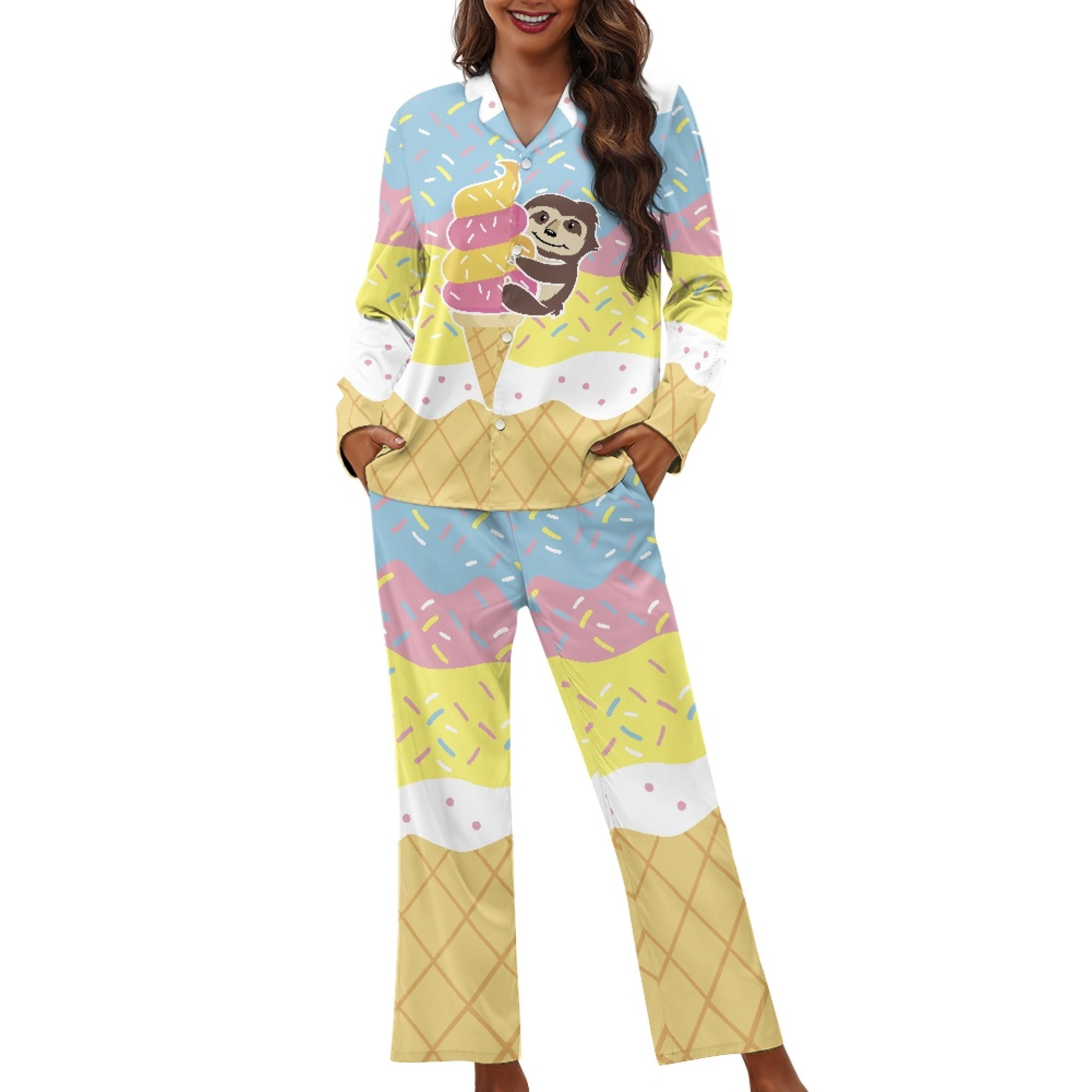 DISNIMO Women's 2 Piece Pajama Set Monkey Ice Cream Printed Long Sleeve ...