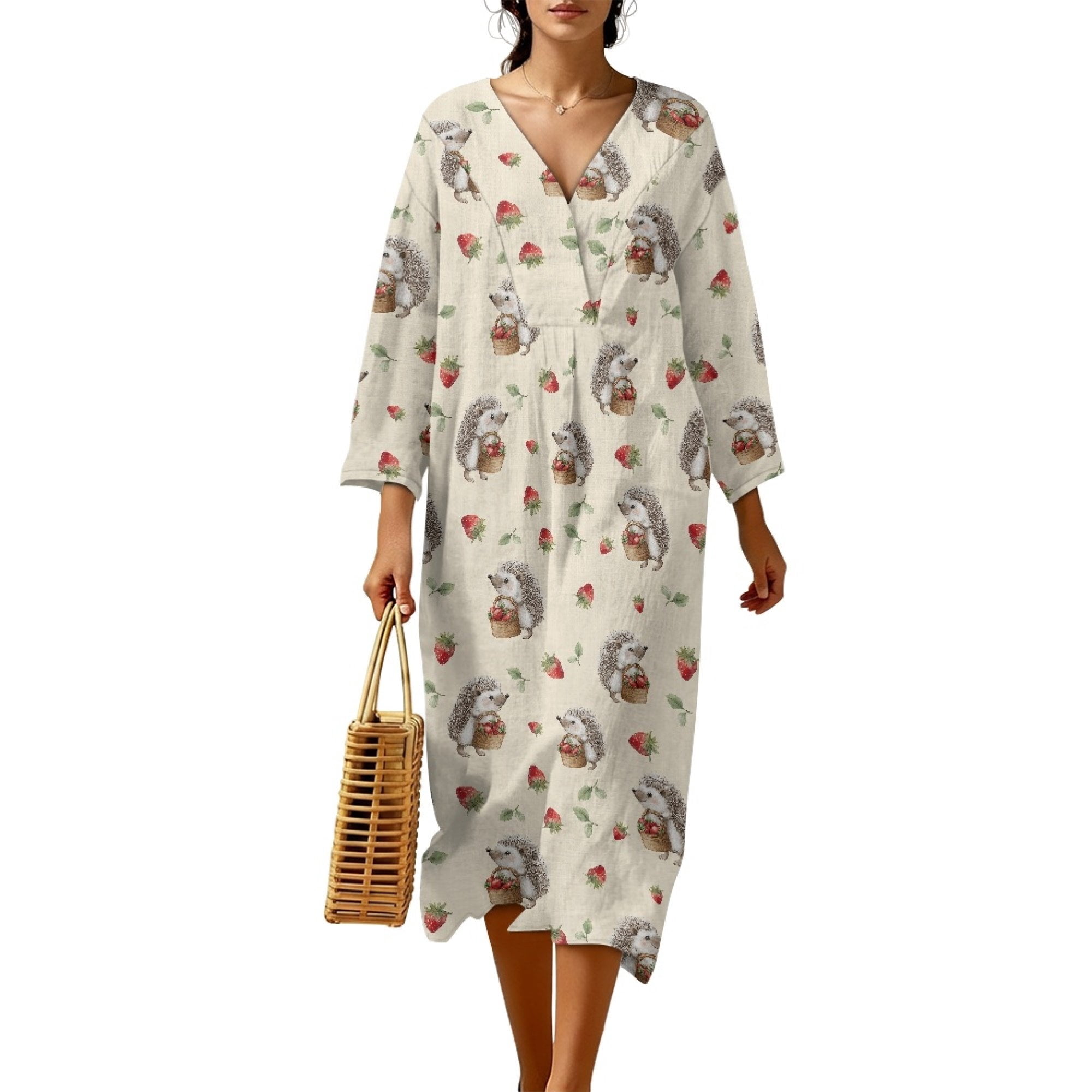 DISNIMO Women's 2025 Long Midi Dress Hedgehog Strawberry Print Casual V ...