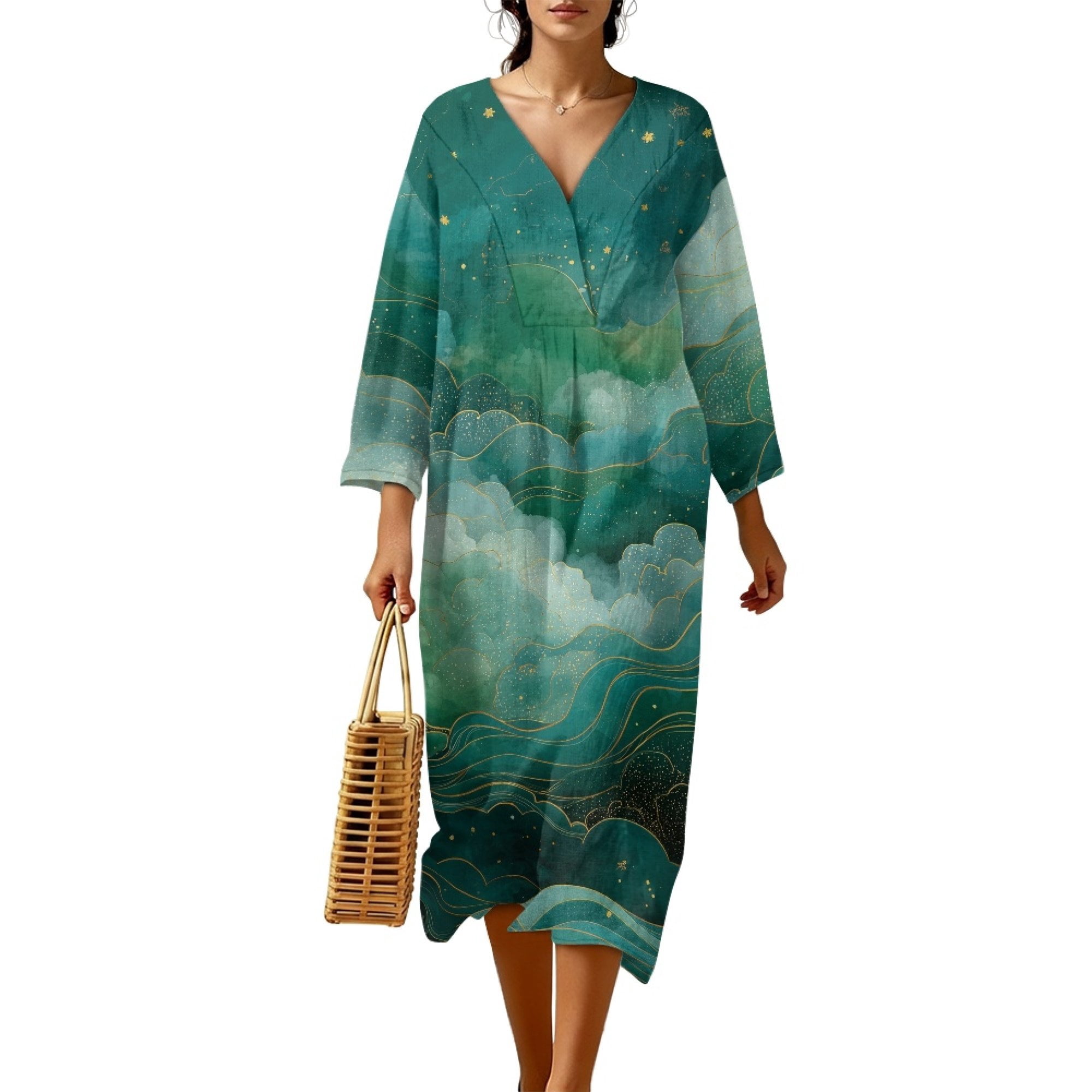 DISNIMO Women's Imitation Linen Dresses Ink Wash Painting Printed Loose ...