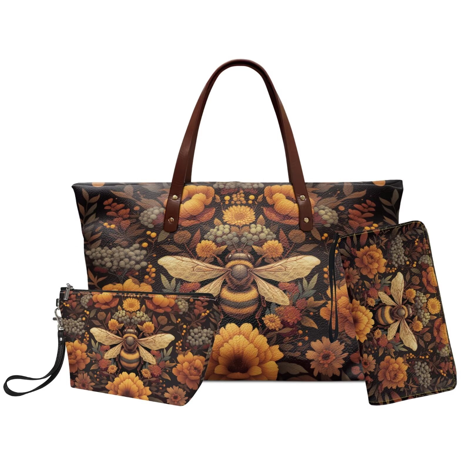 DISNIMO Women's Large Handbag and Wallet Set Bee Flower Print Tote Bag ...