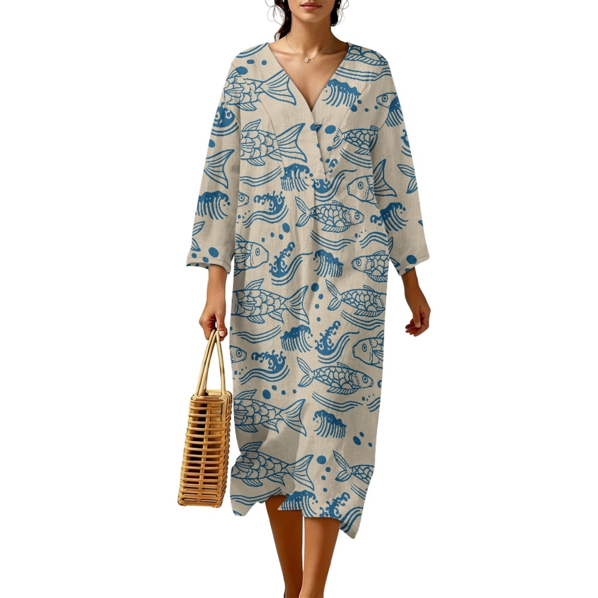 DISNIMO Women's Linen-Like Dress Fish Print V-Neck Maxi Dresses Casual ...