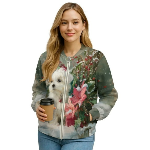 DISNIMO Women's Zip Up Sweatshirt Dog Floral Printed Jackets Coat Long ...