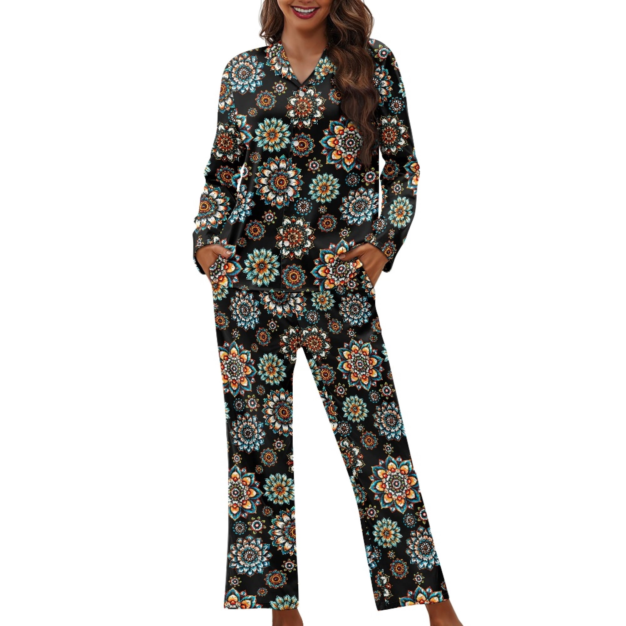 DISNIMO Womens 2 Piece Pajam Sets Mandala Flower Printed Long Sleeve ...
