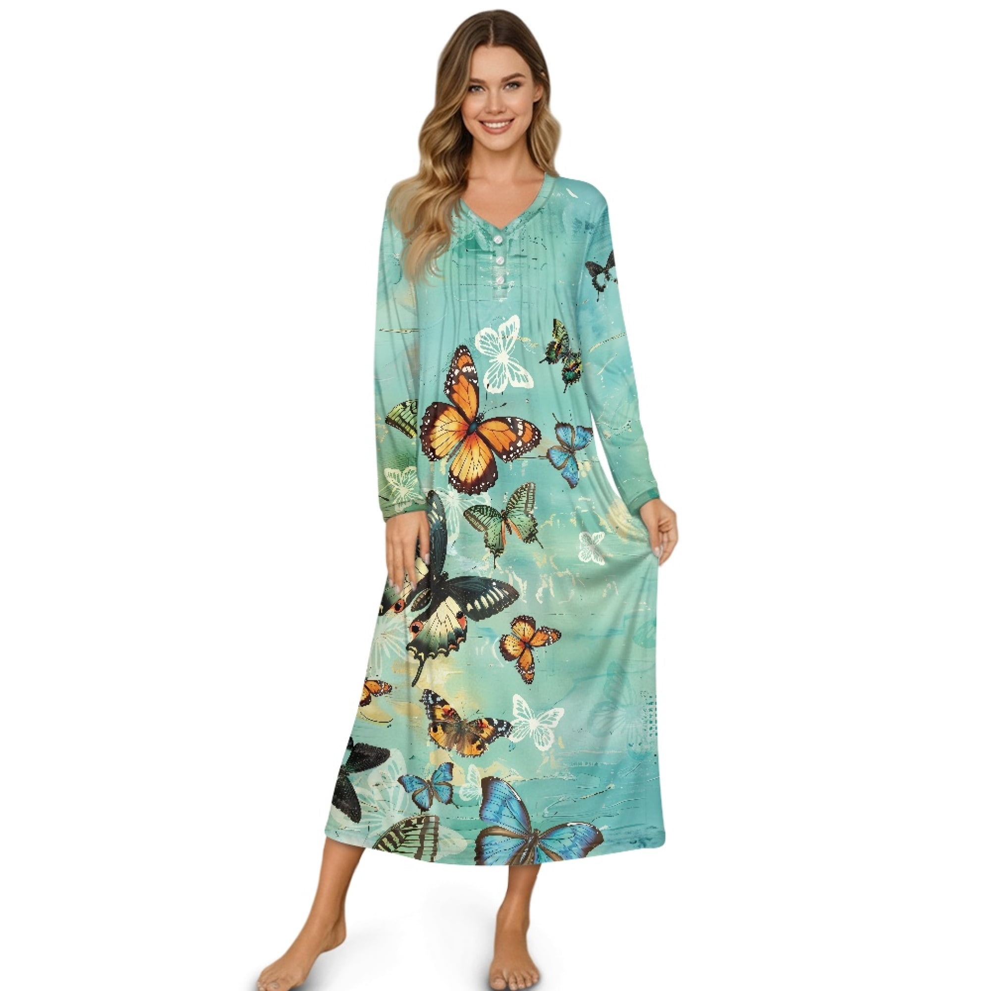 DISNIMO Womens Long Sleeve Nightgowns Butterfly Print Long Sleeve ...