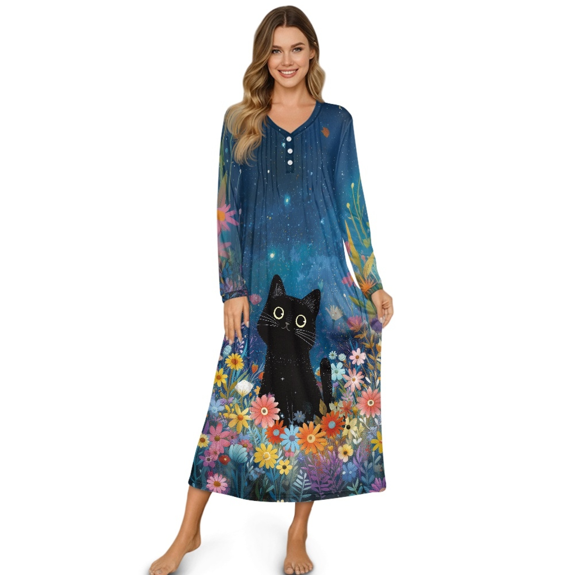 DISNIMO Womens Long Sleeve Nightgowns Cat Flower Print Button Up ...