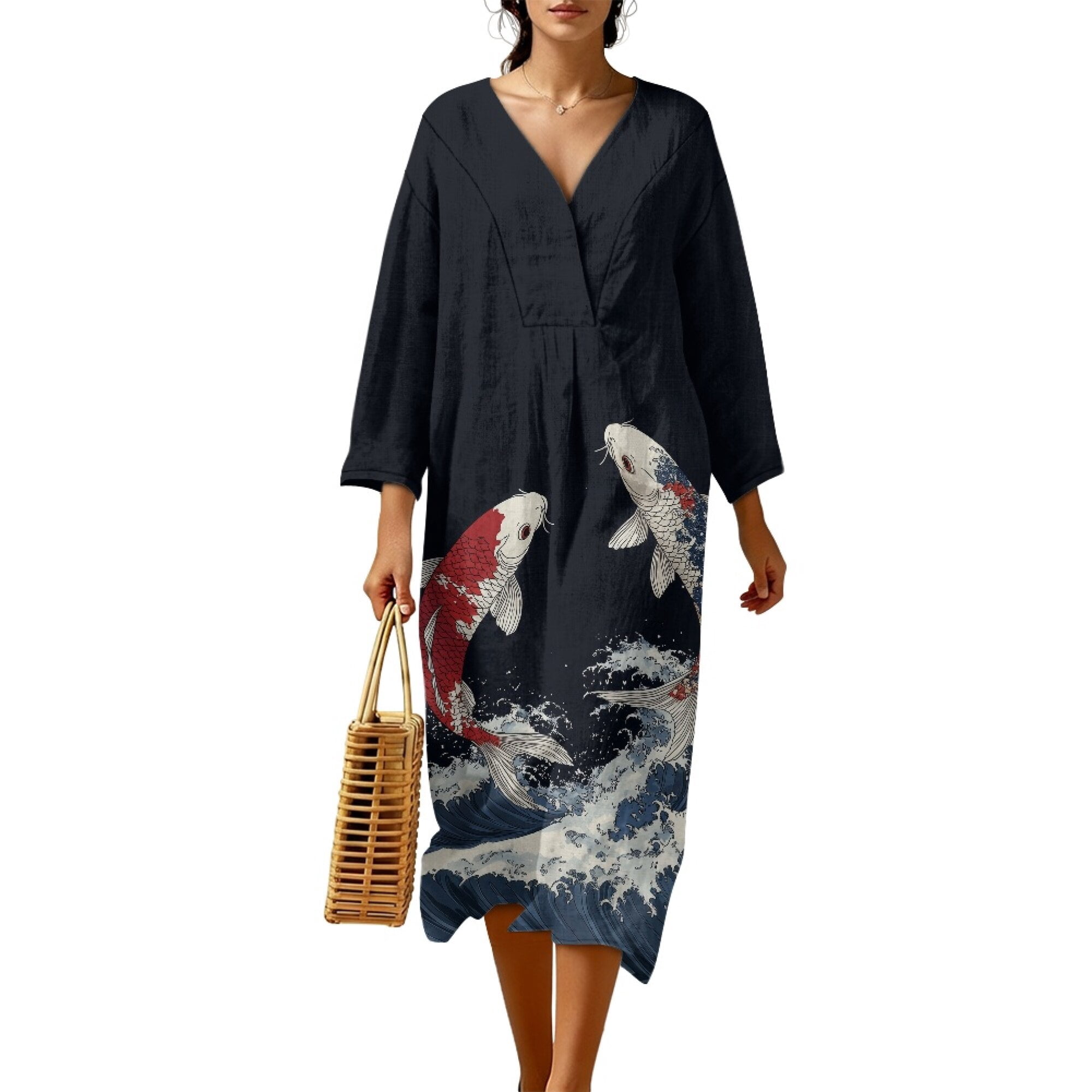 DISNIMO Womens Maxi Dresses Fish Print Casual Loose Dress V Neck Shift ...