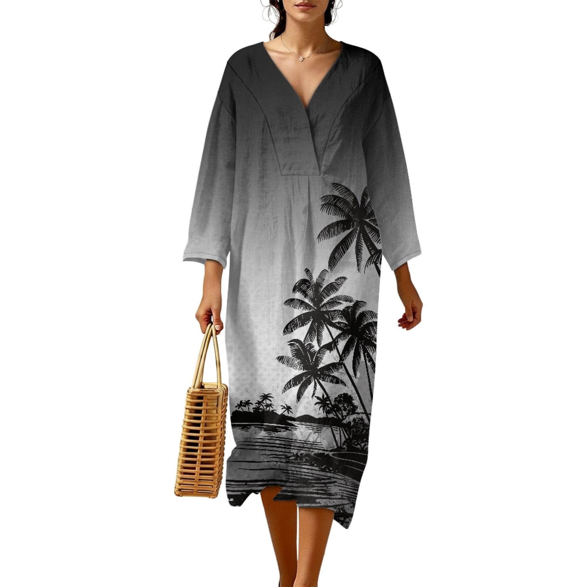 DISNIMO Womens Maxi Dresses Palm Tree Print Casual V Neck Shift Dress ...