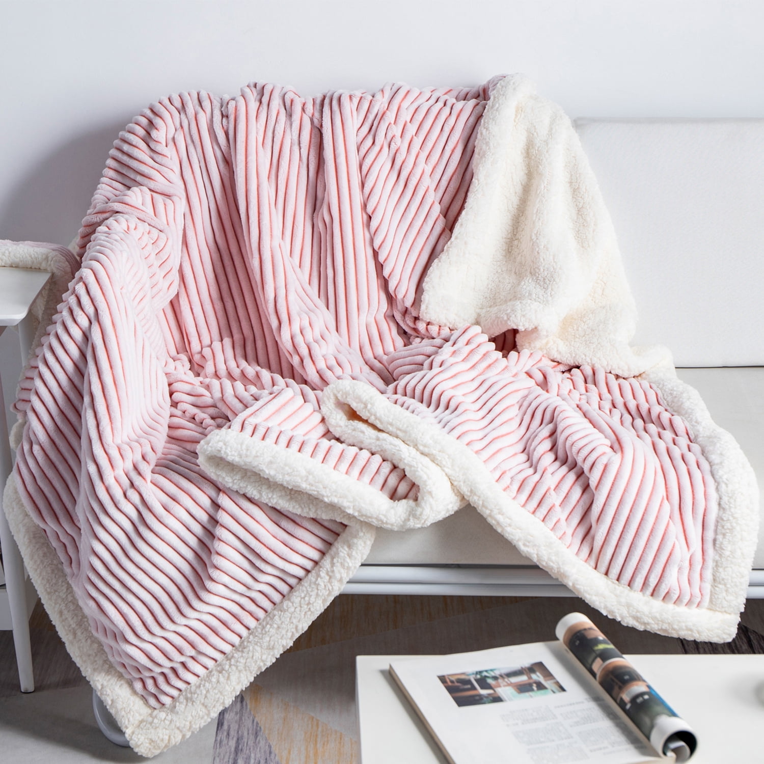 "DISSA Soft Pink Plush Fleece Throw Blanket, Striped Sherpa Design ...