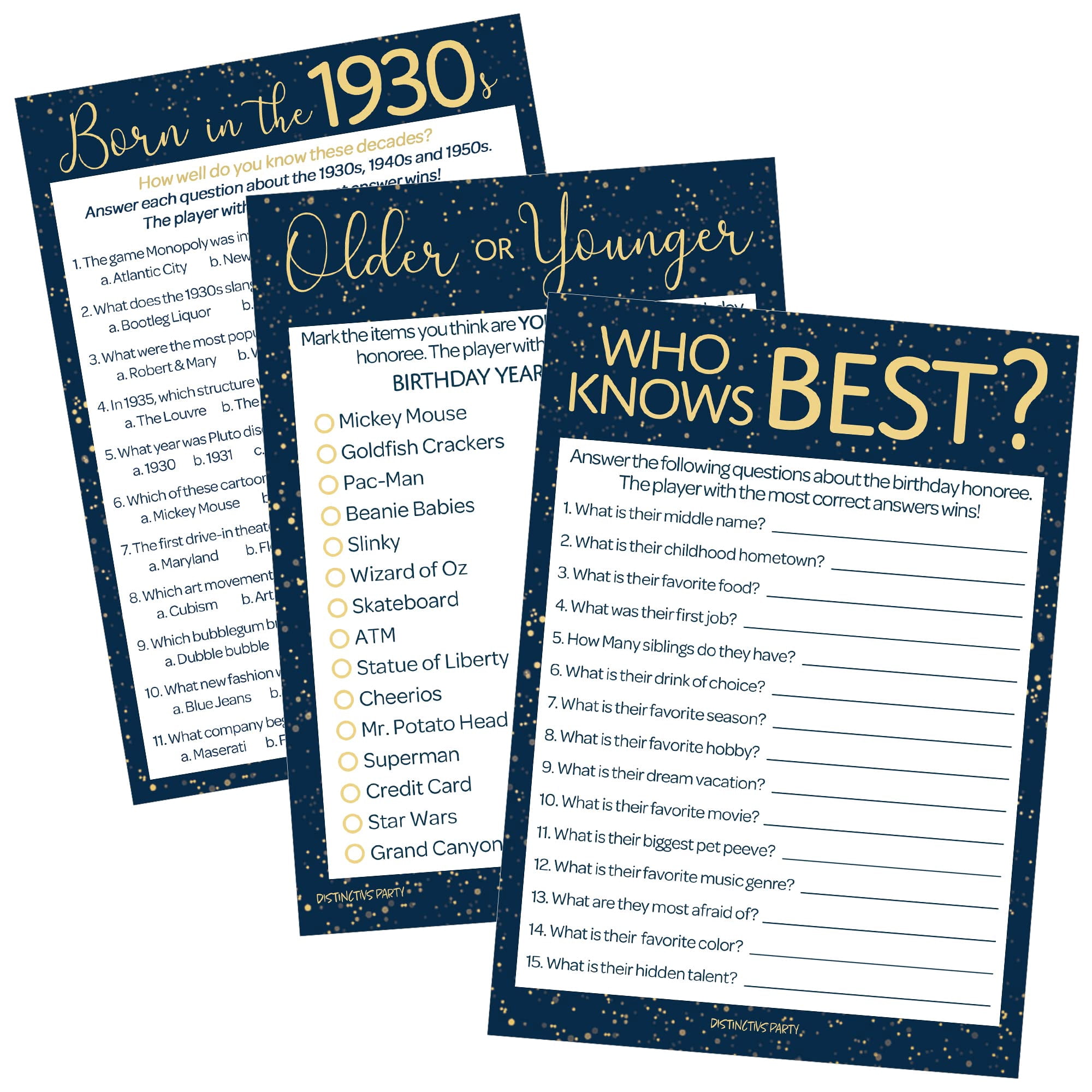 DISTINCTIVS 90th Birthday Party Games â€“ Navy Blue and Gold Trivia ...