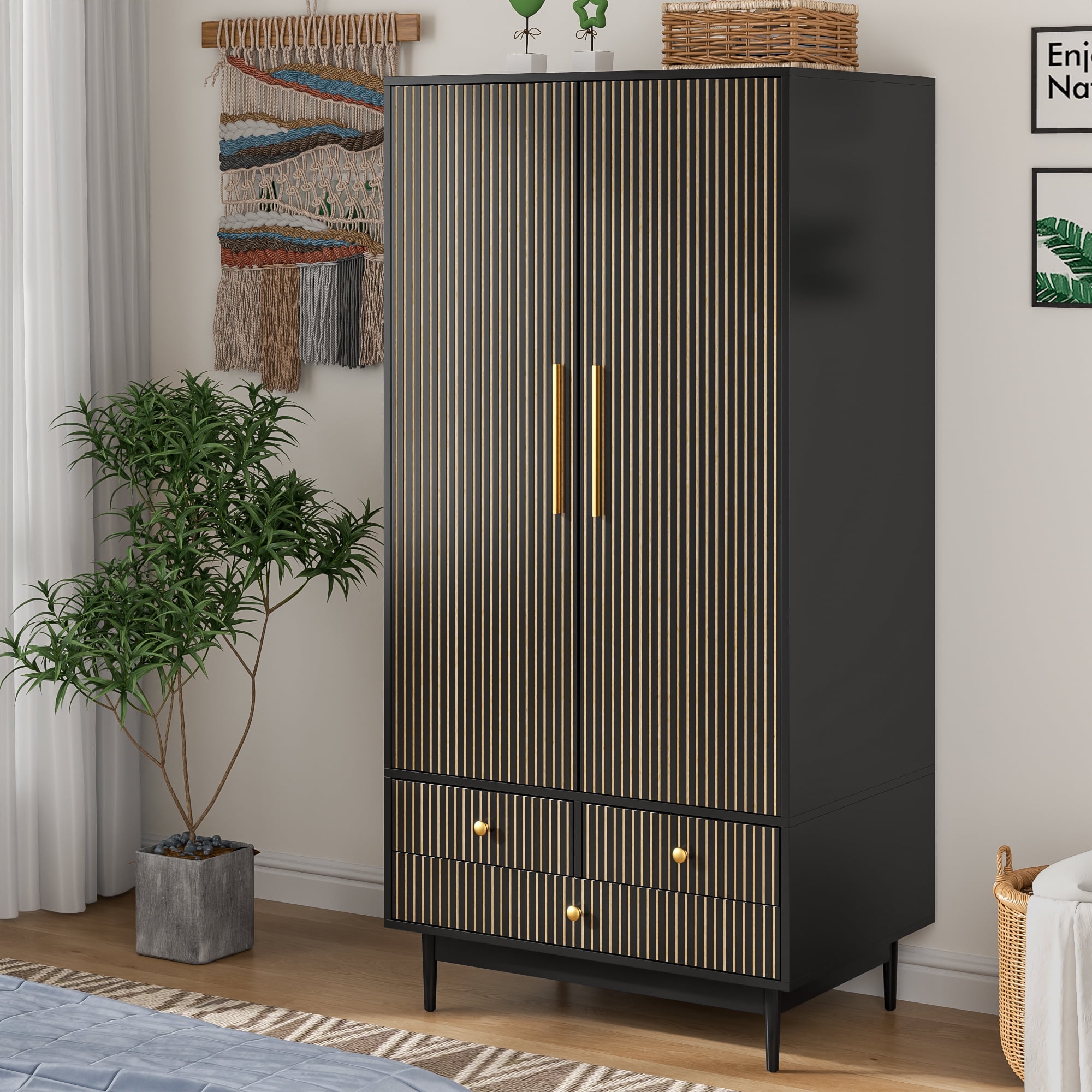 DIUBAS Clothes Storage, Wardrobe with 2 Drawer, Large Modern Closet ...