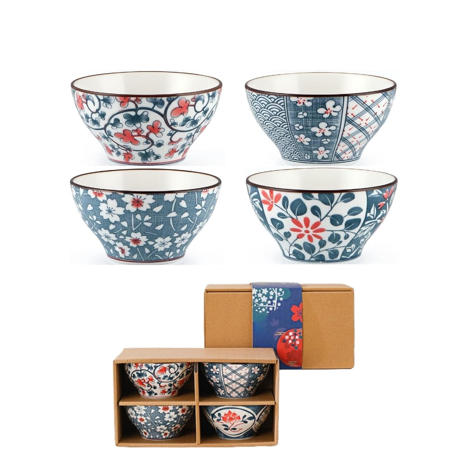 DIVOX 4Pcs Ceramic Serving Bowls Chinese Rice Bowl with Gift Box ...