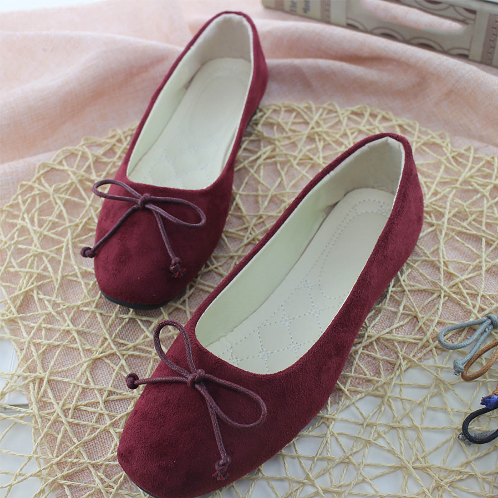 DIVVce Bow Suede Ballet Flats For Women Round Toe Comfortable Slip On ...