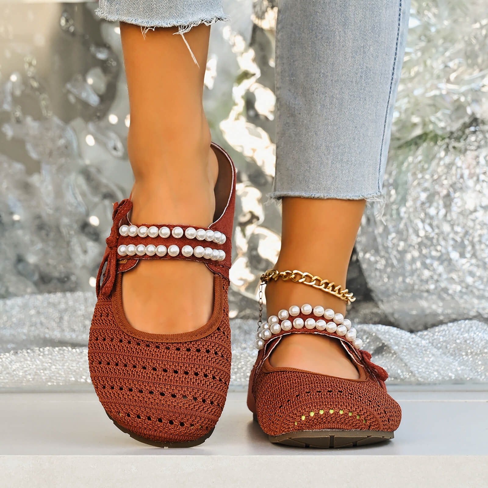 DIVVce Mesh Pearl Accent Mary Jane Mules For Women Closed Toe Slip On ...