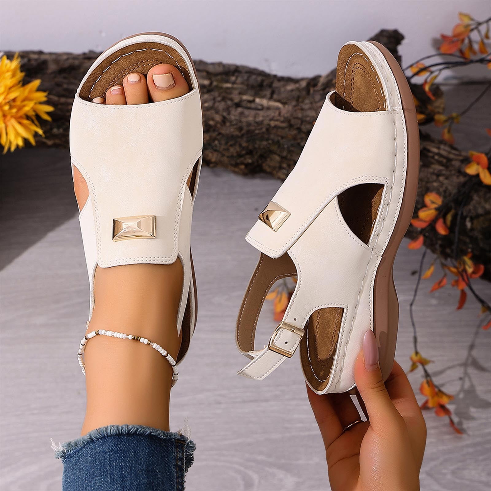 DIVVce Metal Buckle Wedge Sandals For Women Leather Open Toe Adjustable ...